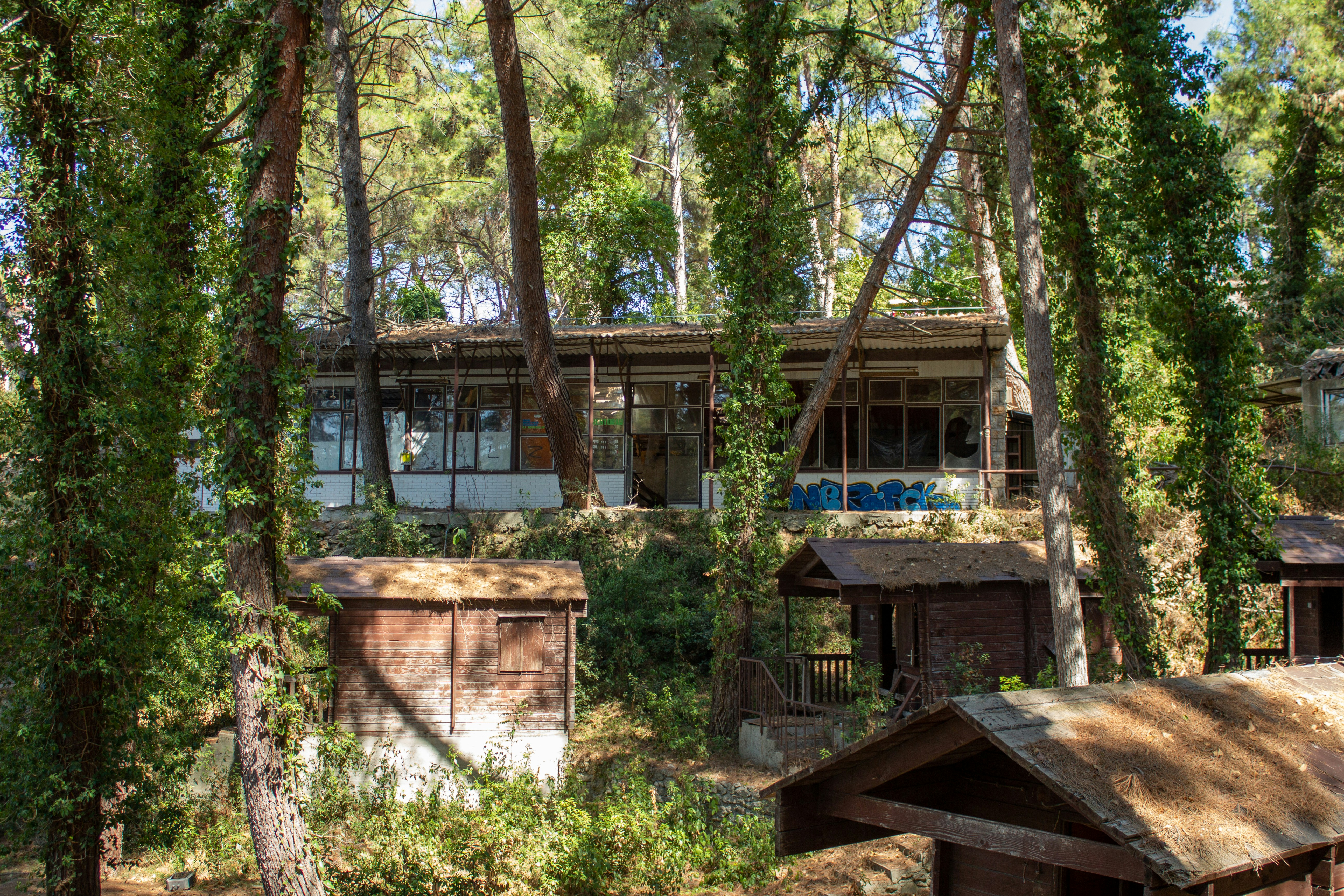 Abandoned and rusted buildings in the woods of Mali Losinj, Croatia. Postapocalyptic theme. | a house surrounded by trees