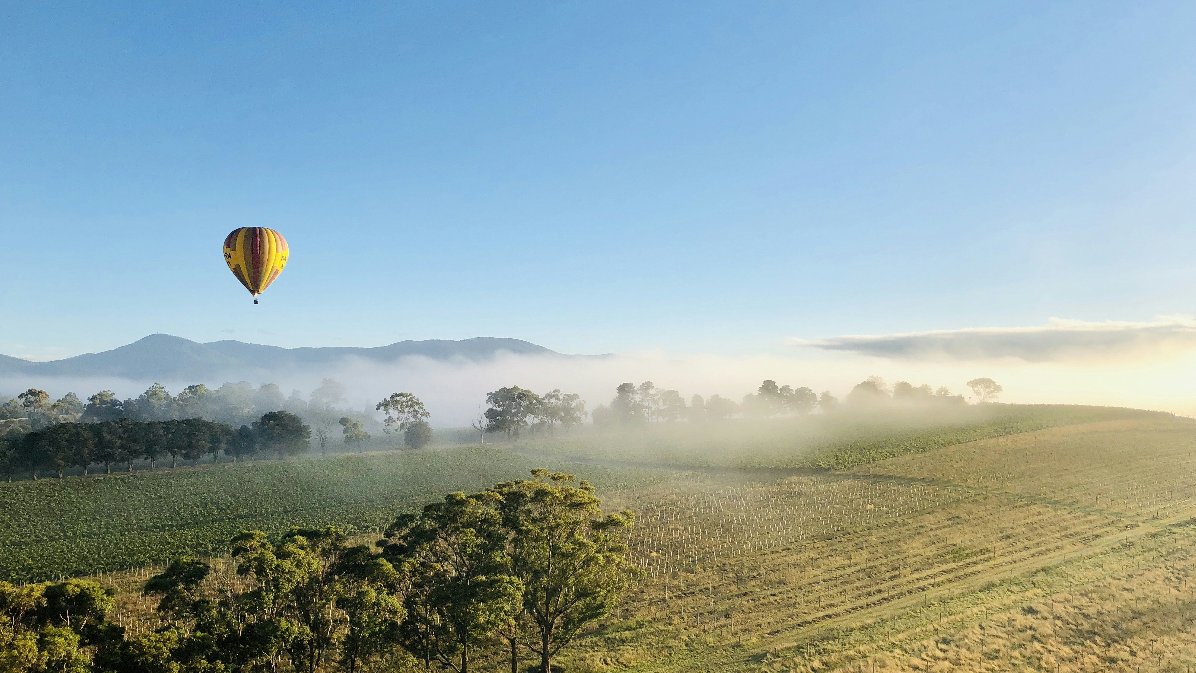 Hot Air Balloon Above a Mist-Laced Valley at Sunrise
