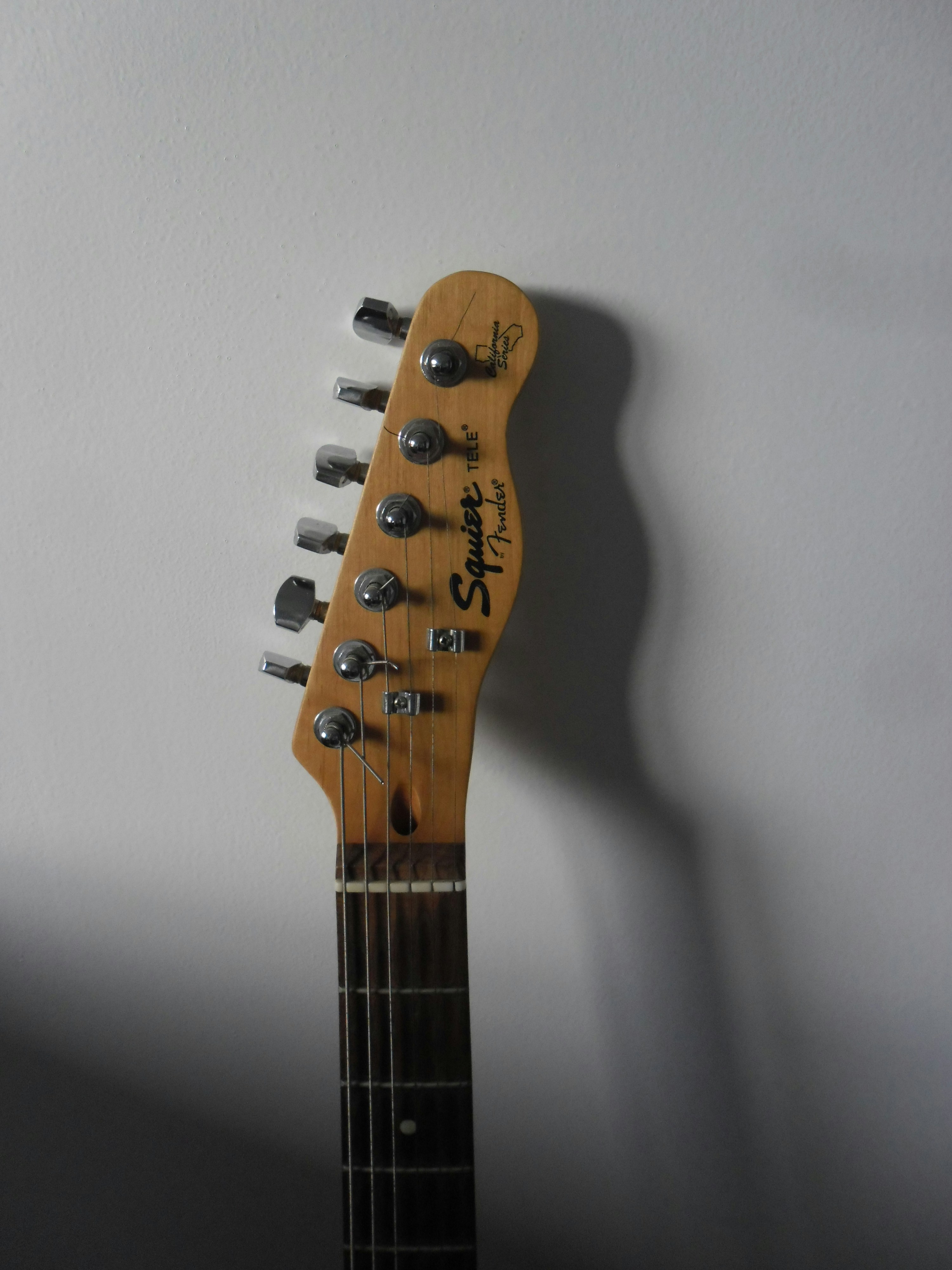 Close-up of a Squier guitar headstock showcasing tuning pegs and logo against a minimalist background.