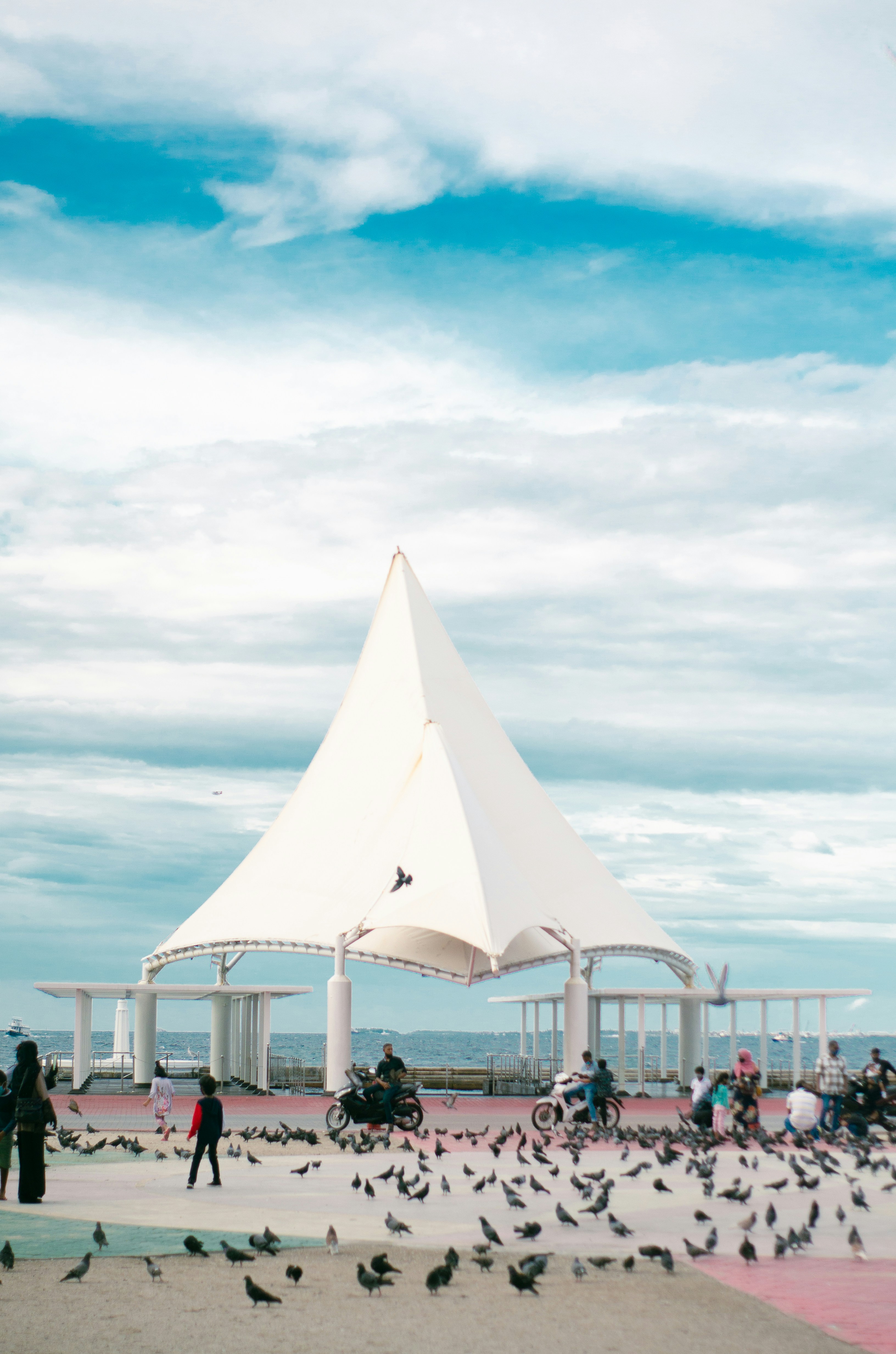 Apex of the Sail Pavilion Over a Pigeon-Threaded Seaside Promenade