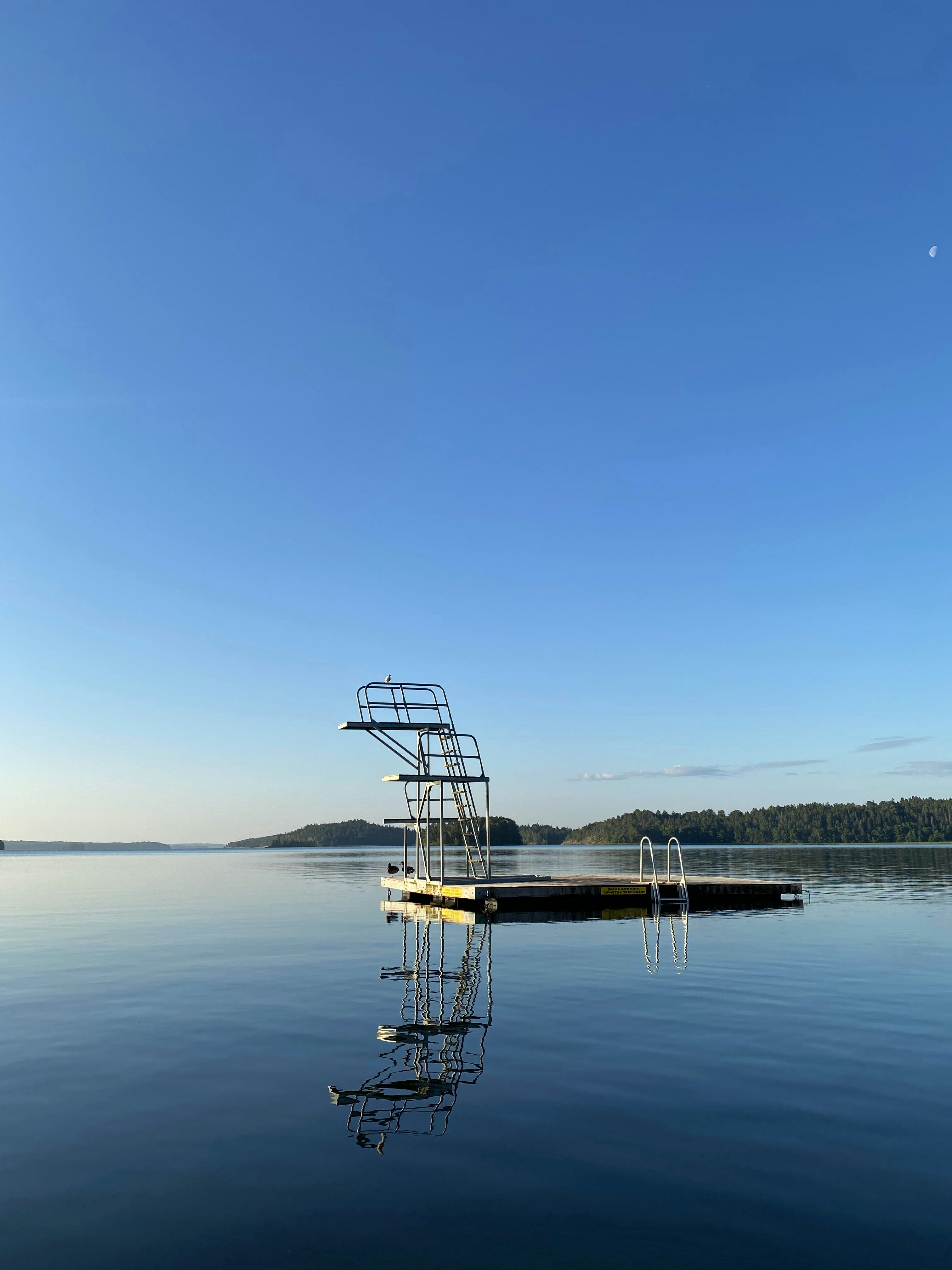 Solitary Ladder on a Mirror Lake: Quiet Blue Reflections