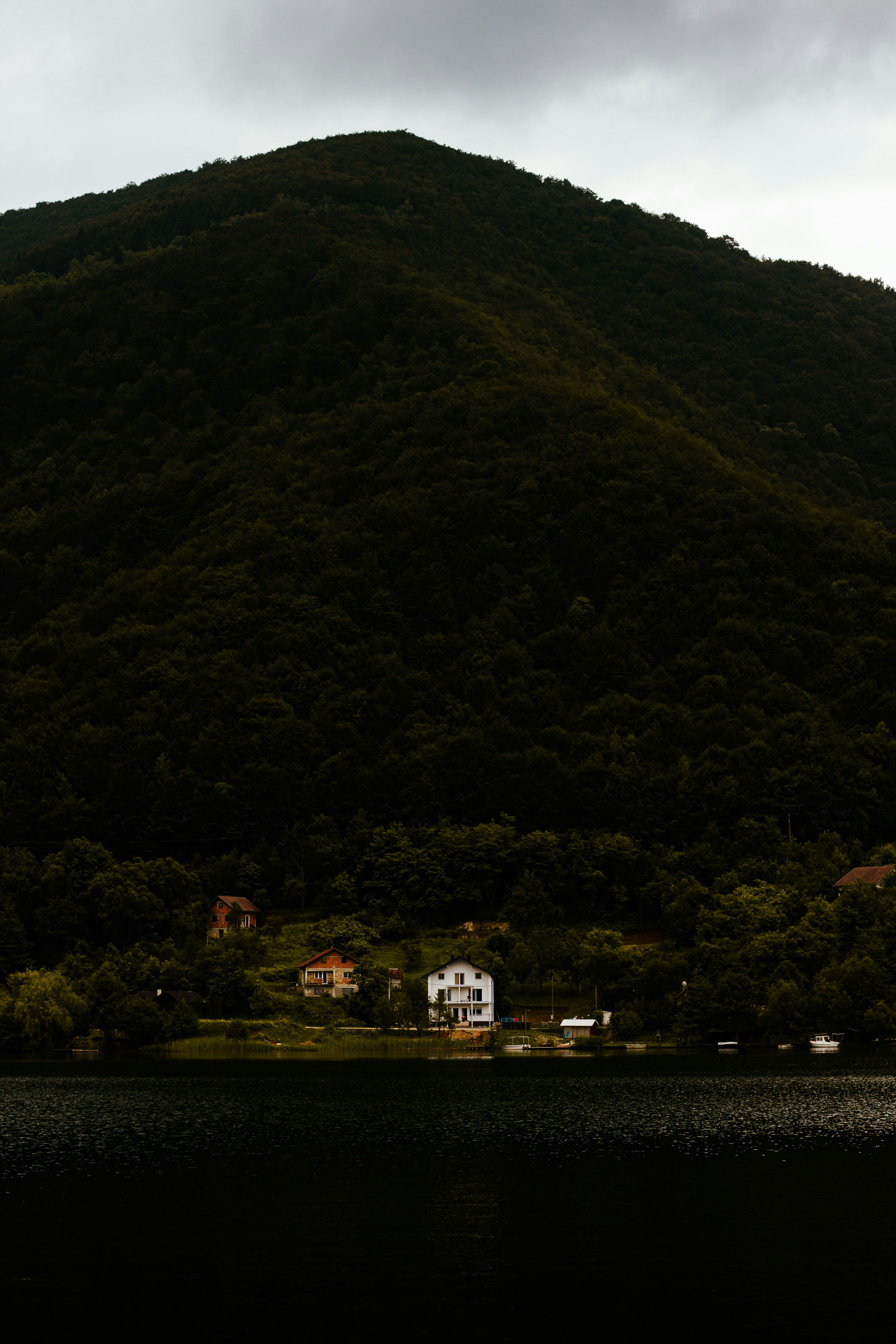 Lakeside Settlement at the Foot of a Shadowed Peak