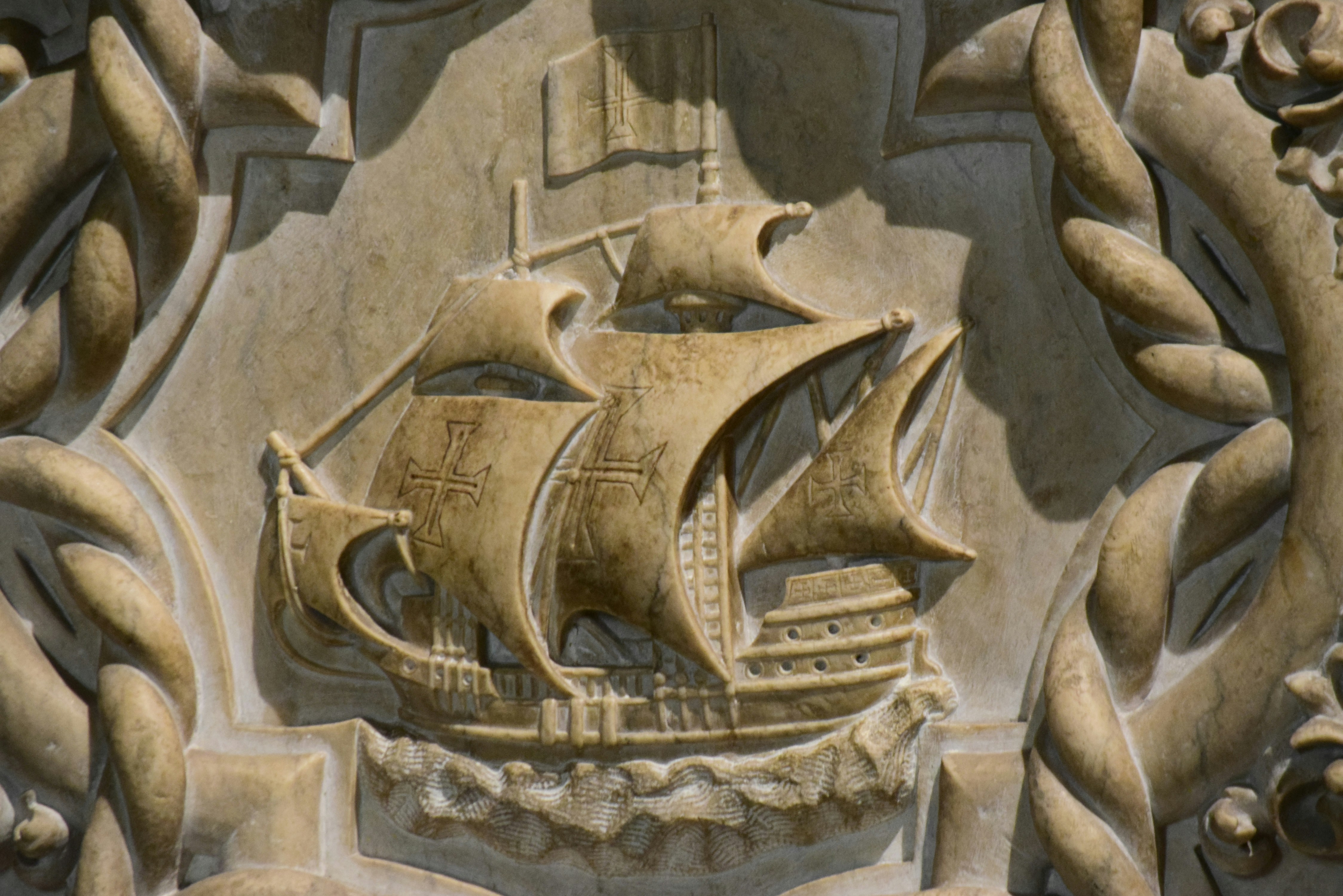 Stone Carved Ship Frieze with Floral Border