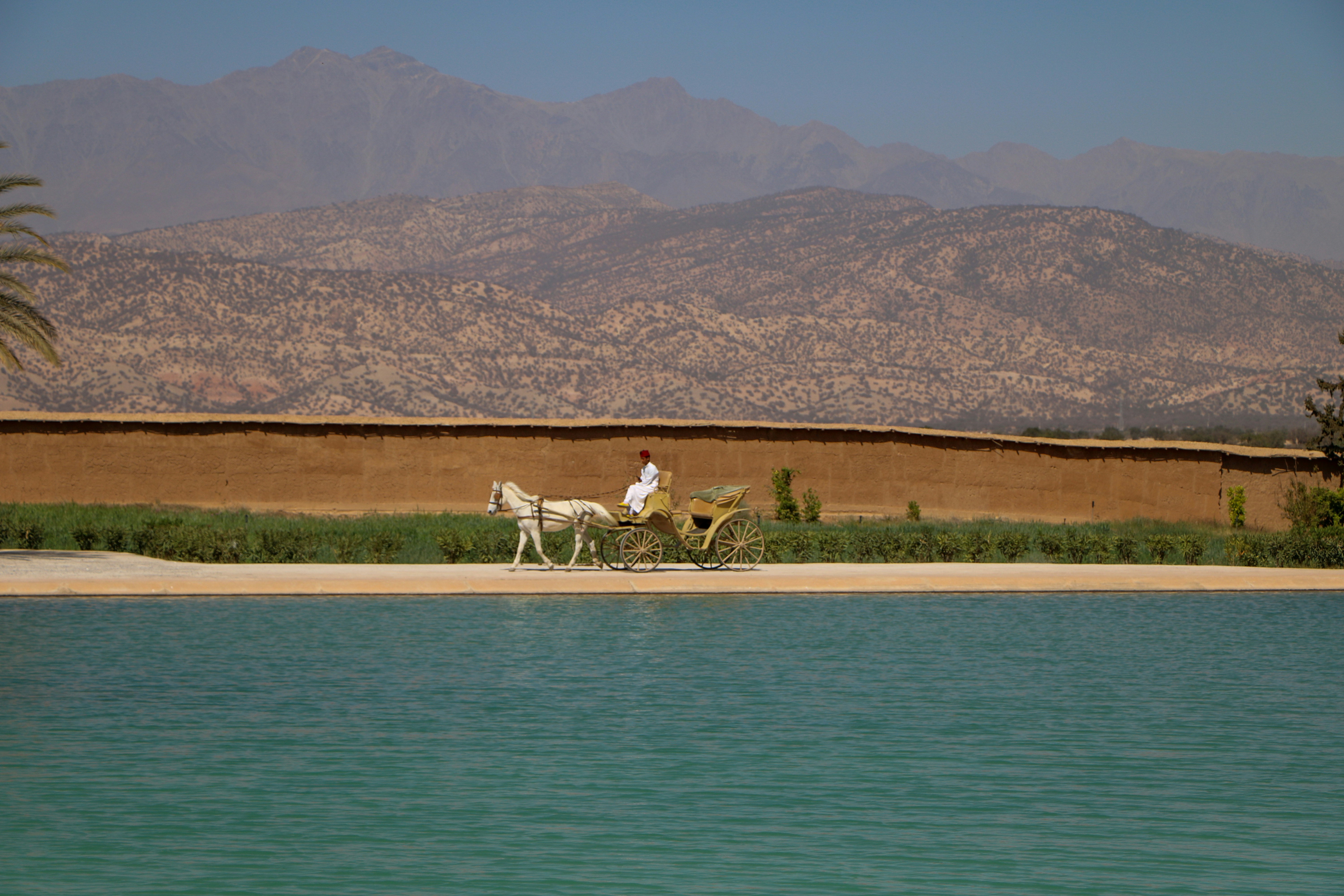 Horse-drawn carriage gliding along a tranquil turquoise pool with majestic mountains in the background.