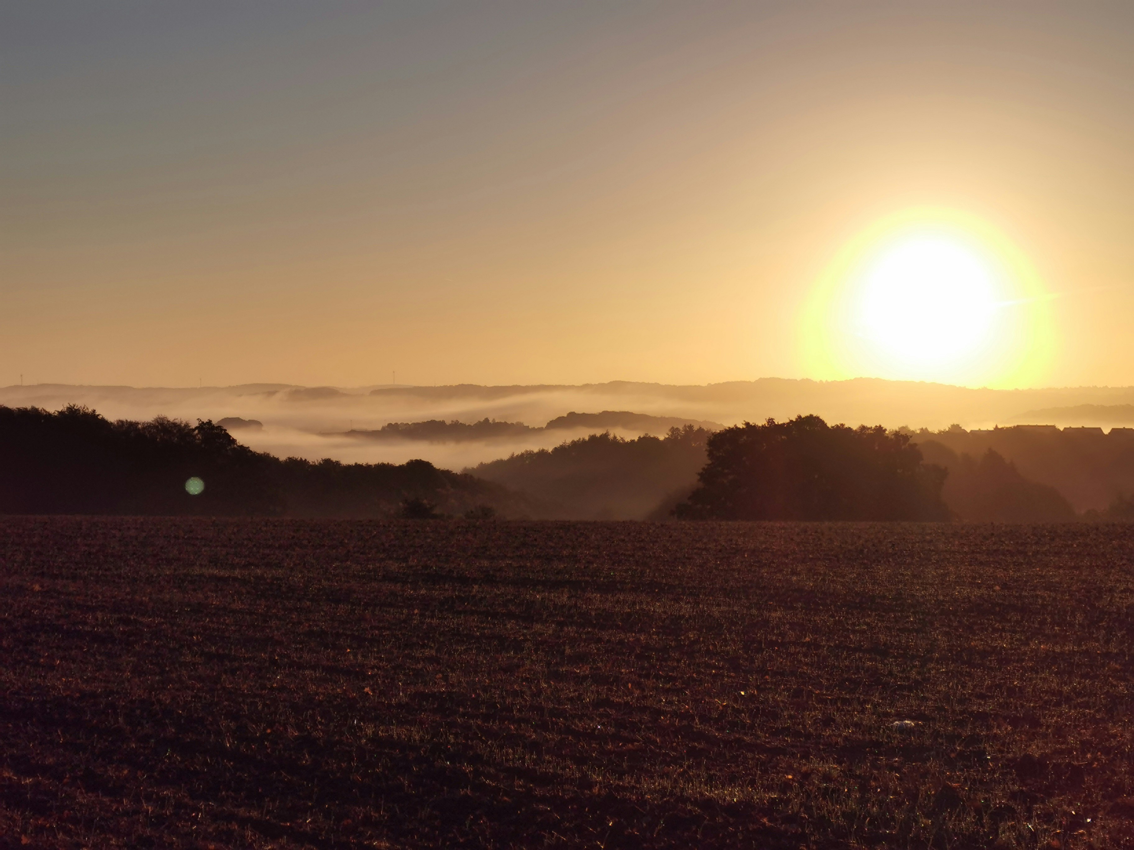 Sunrise casts a golden glow over mist-covered hills with a clear sky above.