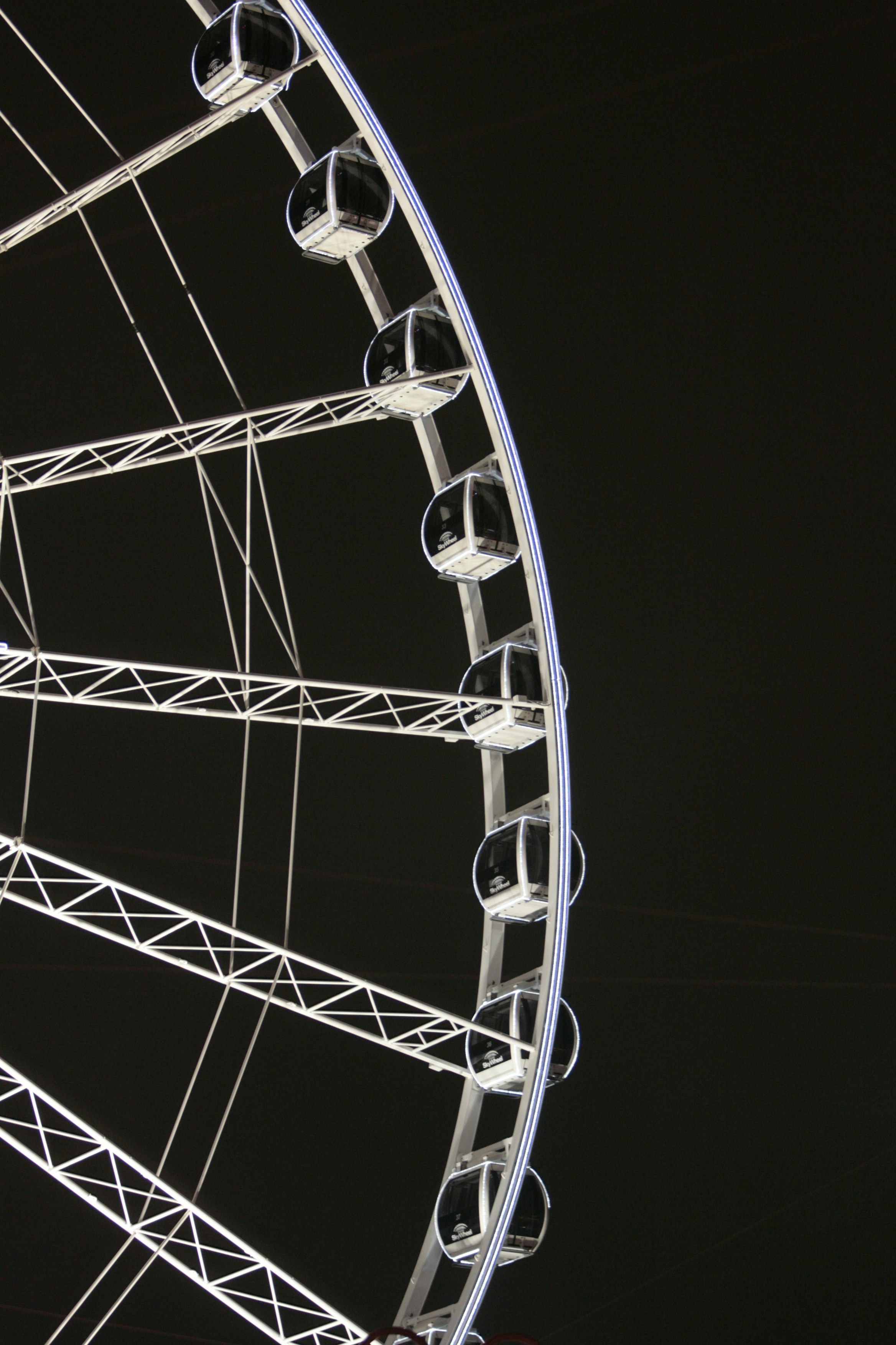 Night photograph of a ferris wheel's illuminated cabins and intricate metal lattice against a dark sky.