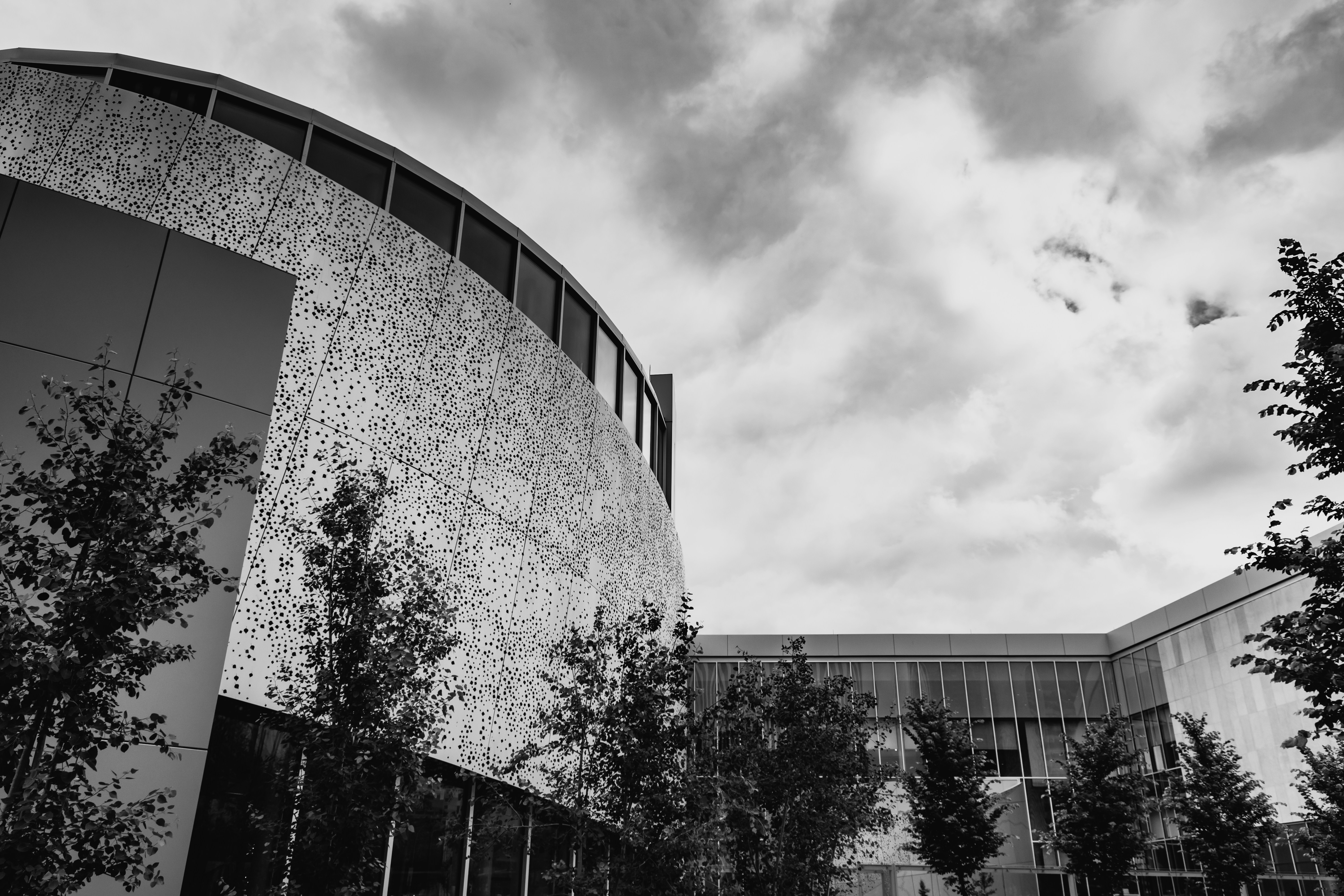 Curved Concrete Pavilion: Circles, Glass, and a Moody Sky
