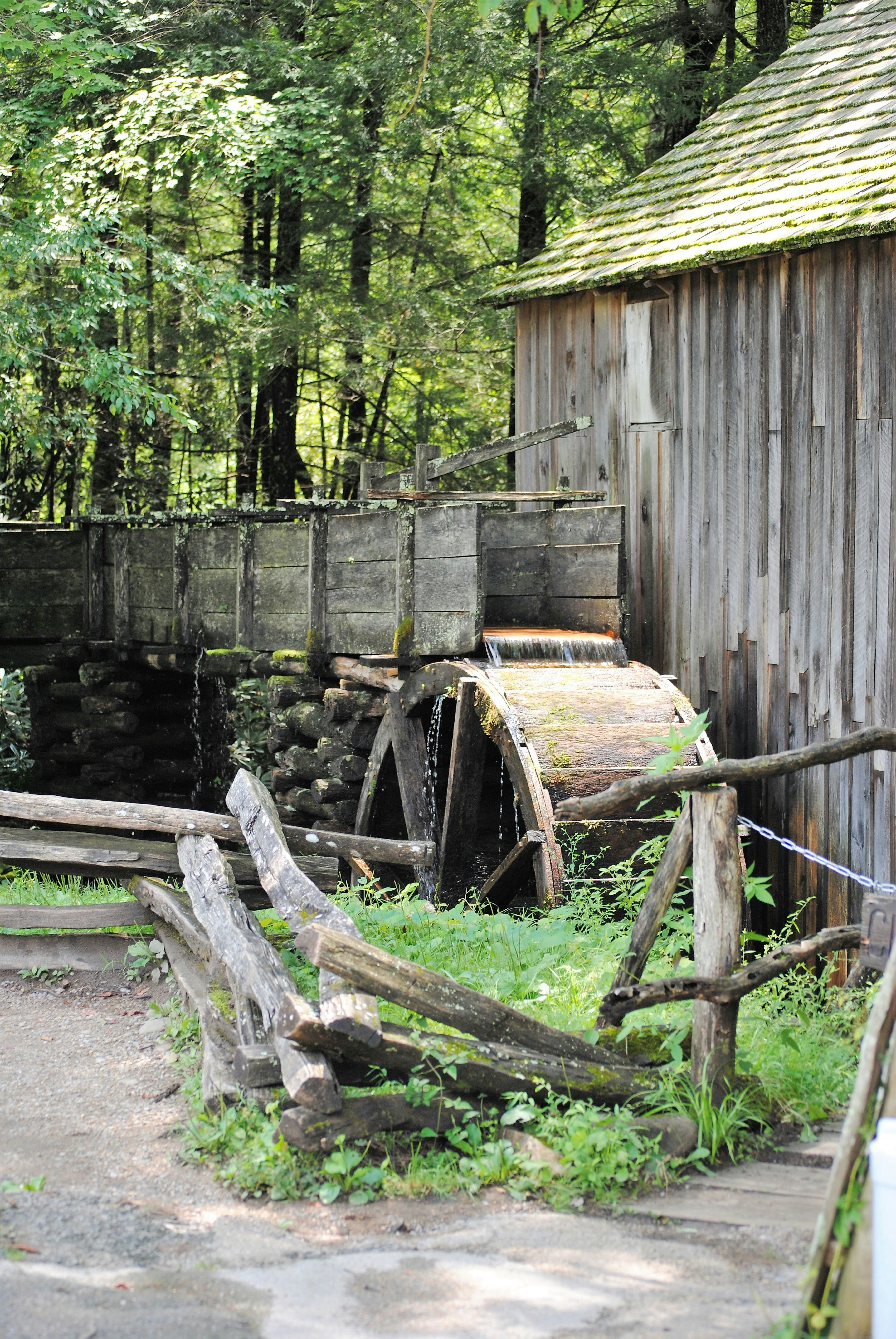 Moss-Cloaked Waterwheel Beside a Weathered Mill
