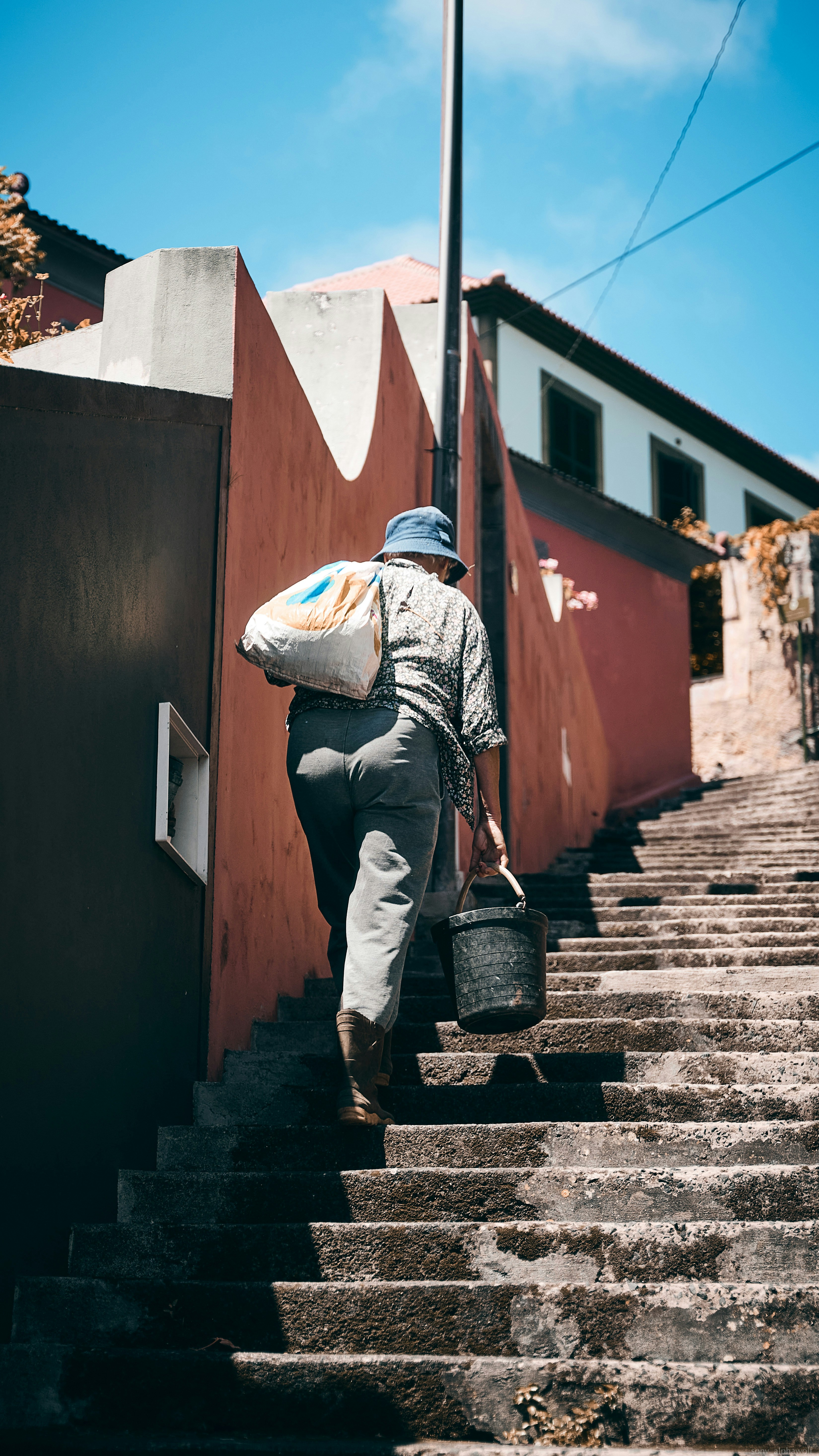 a person walking up a set of stairs