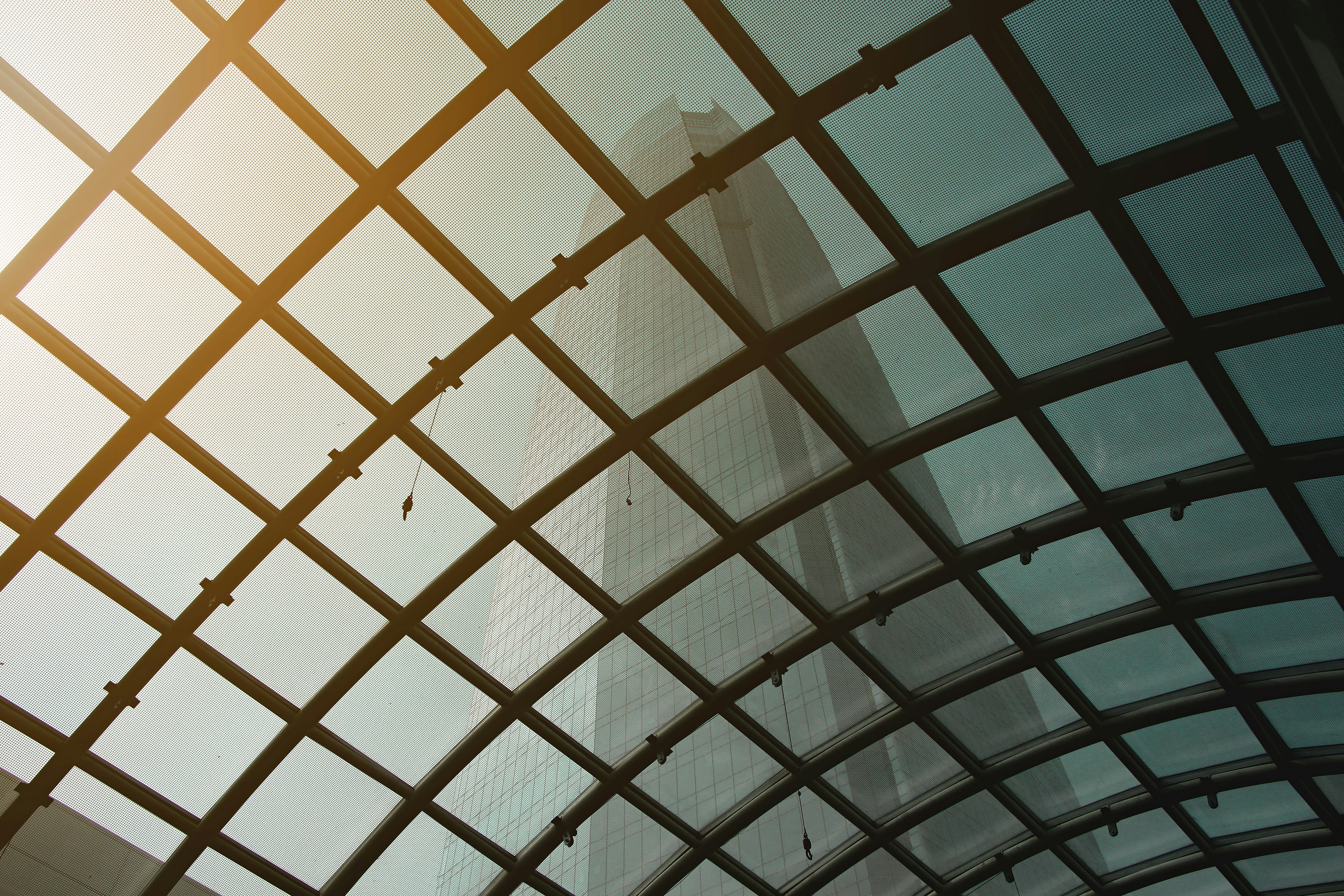 Skyscraper viewed through a grid-patterned glass roof under warm sunlight.