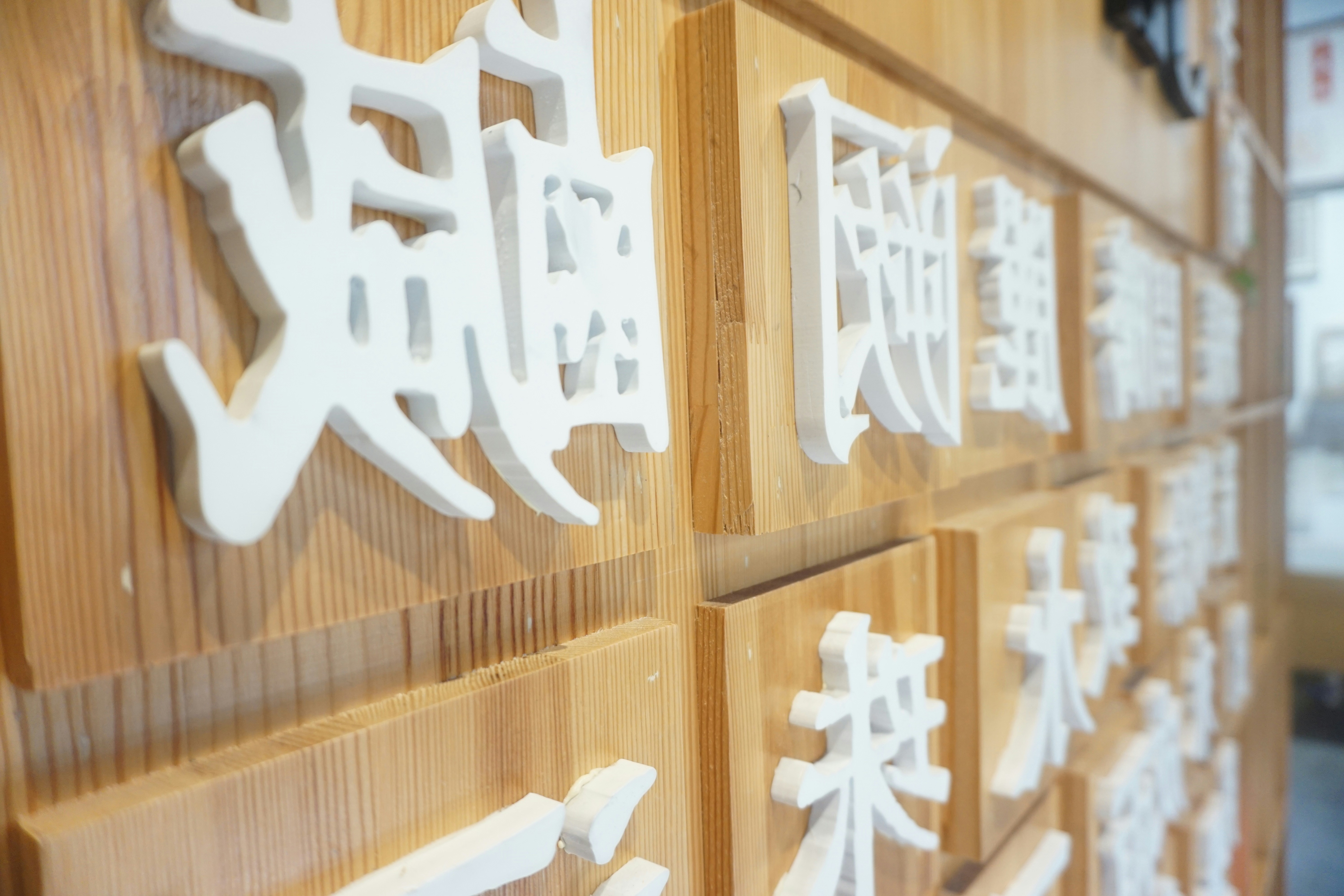 Tilted Glyphs in Warm Wood: A Corridor of Raised Chinese Characters