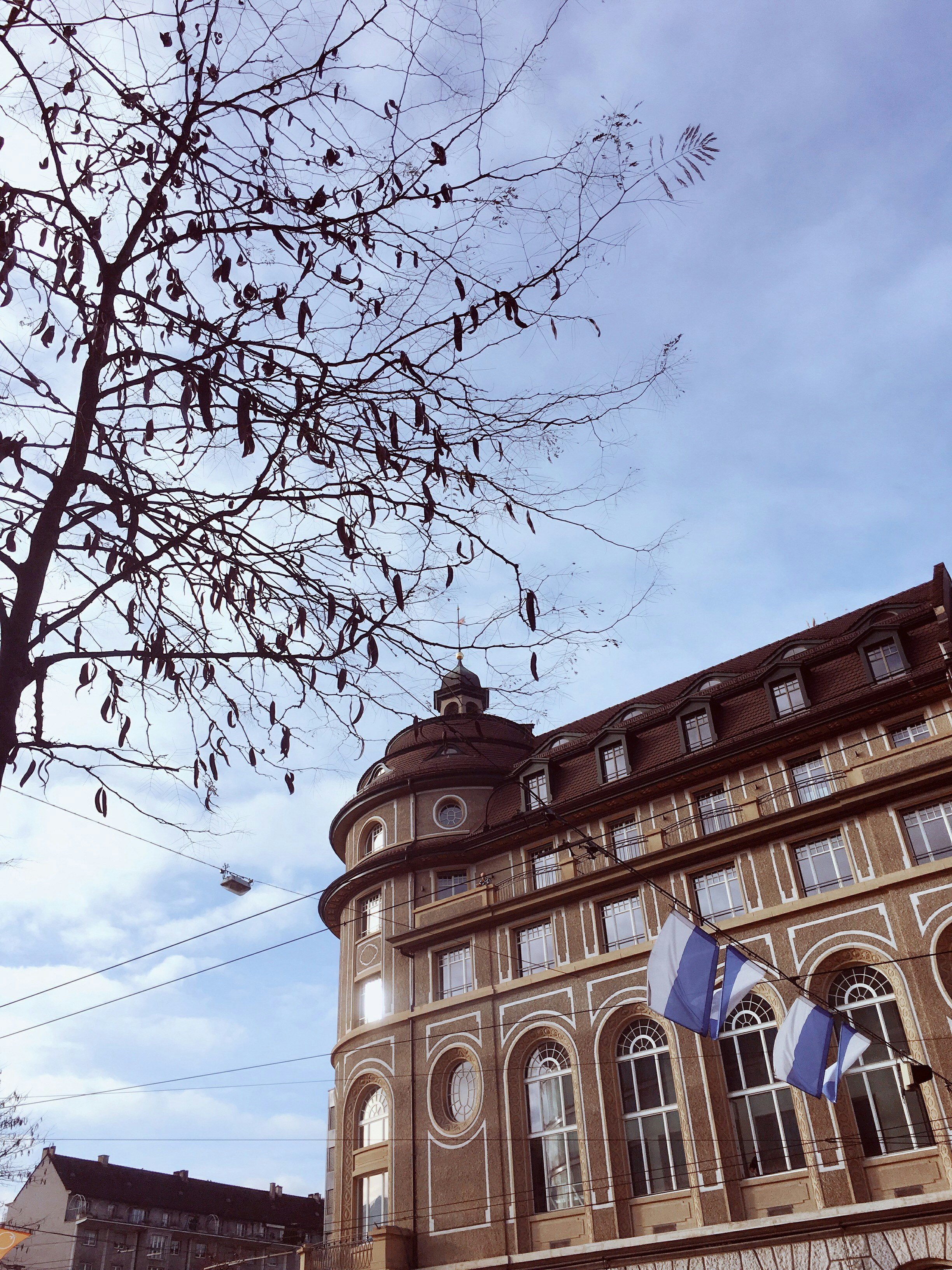 Brick Arc and Blue Flags: City Corner in Winter Light