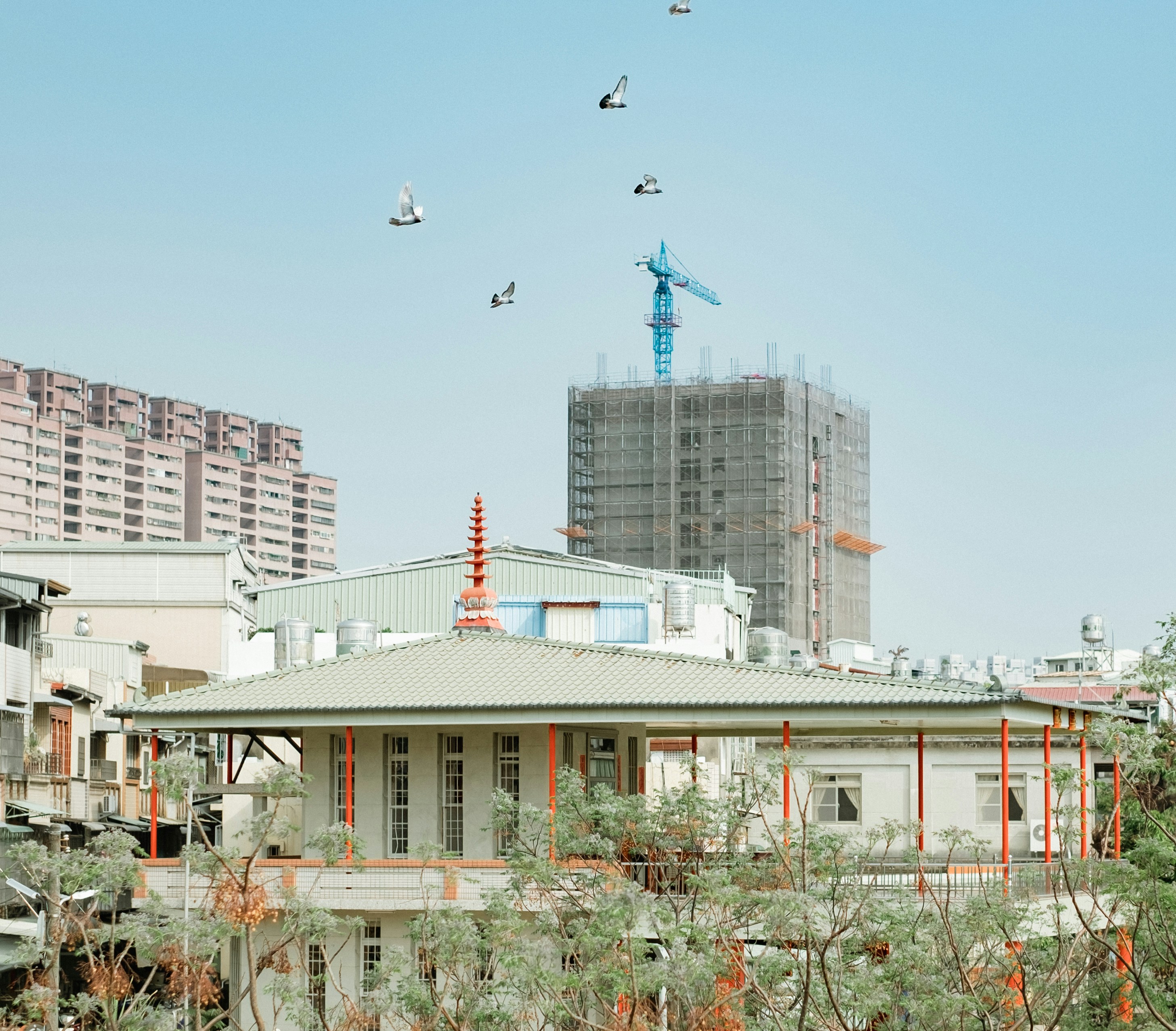 Tower Crane Rising Over a Layered City Block
