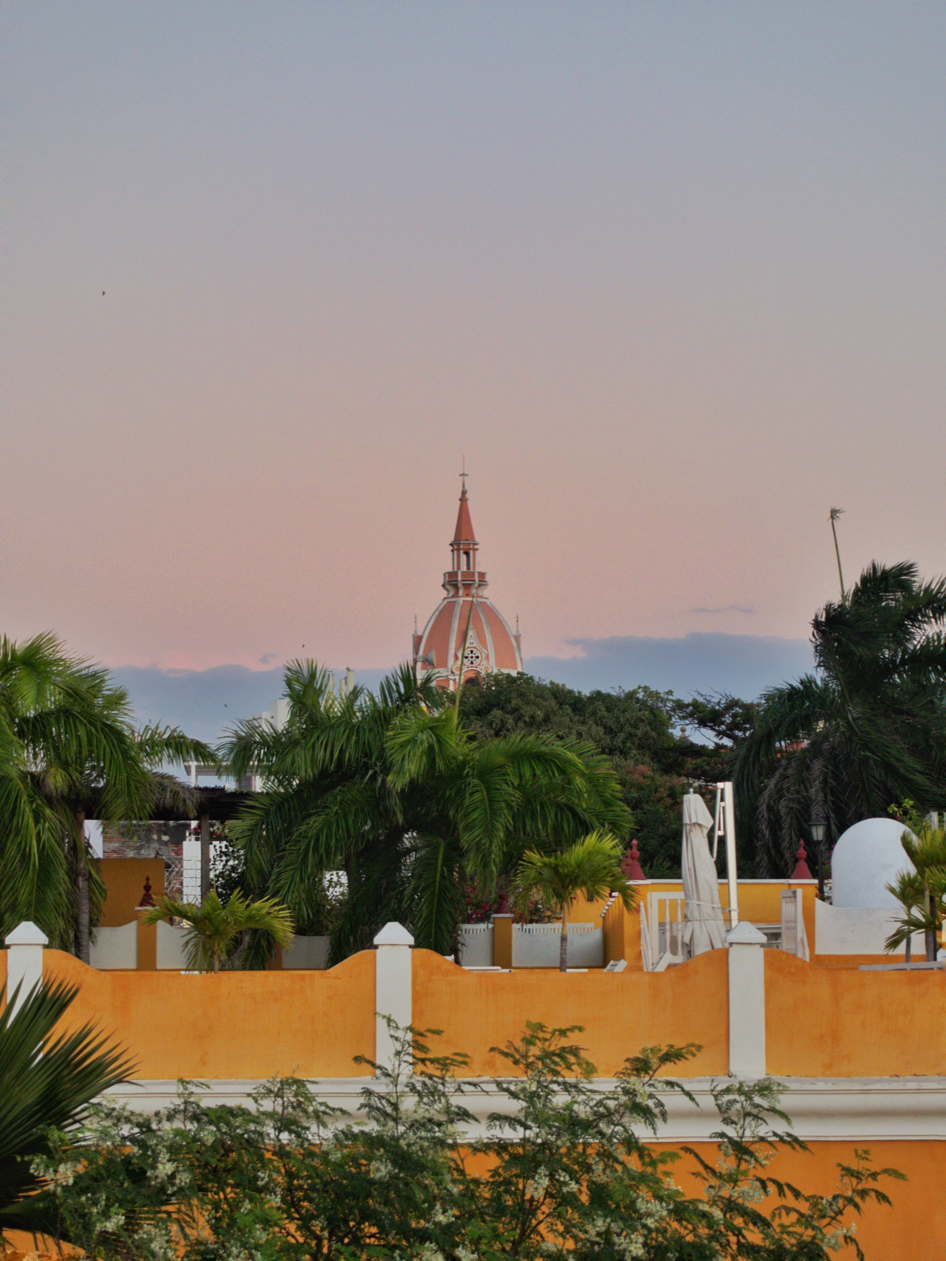 Orange-walled courtyard adorned with lush palms, featuring a prominent dome against a pastel sky.