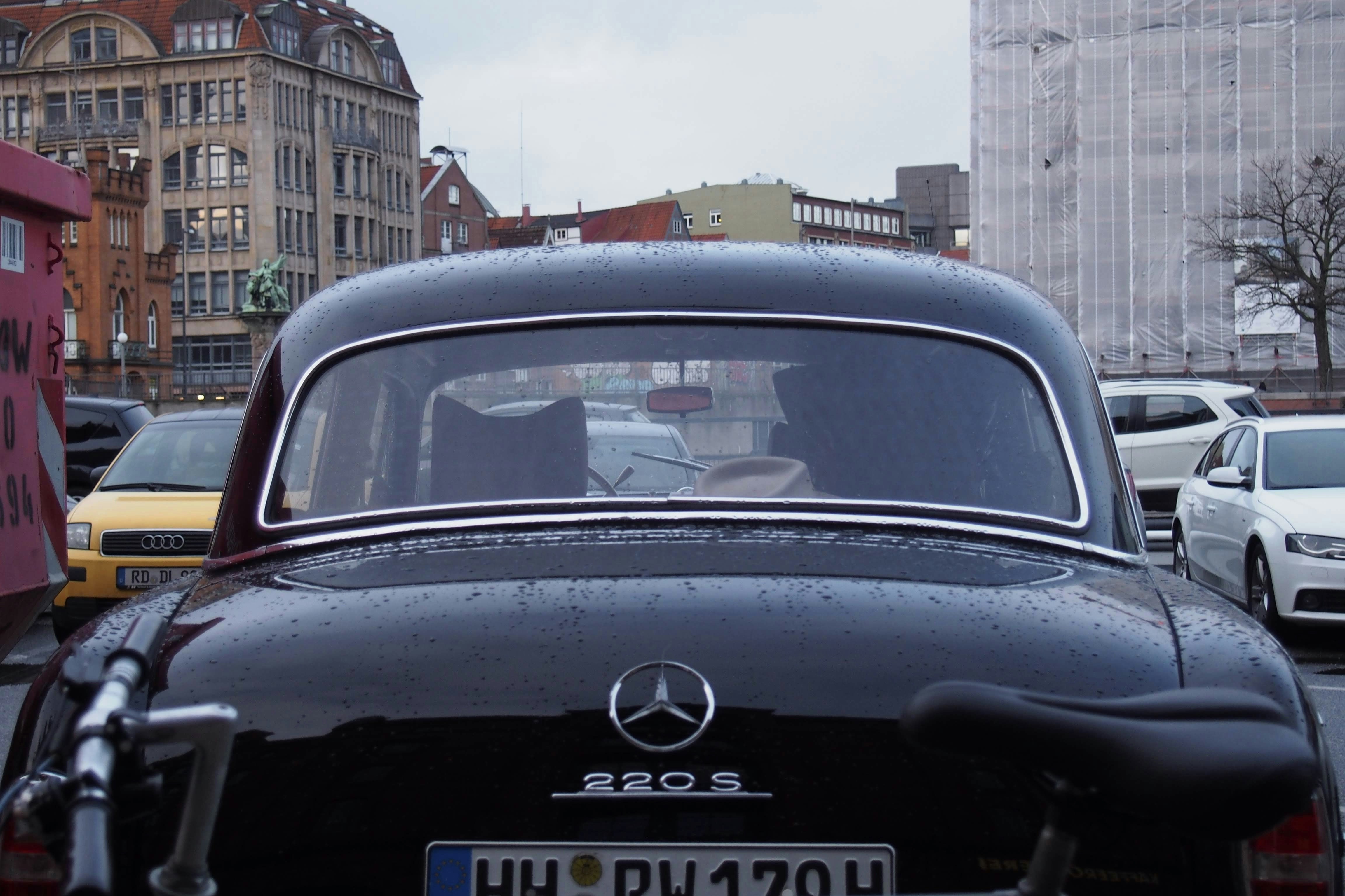 Rear view of a black Mercedes 220S parked on a rain-splashed city street, with urban buildings in the background.