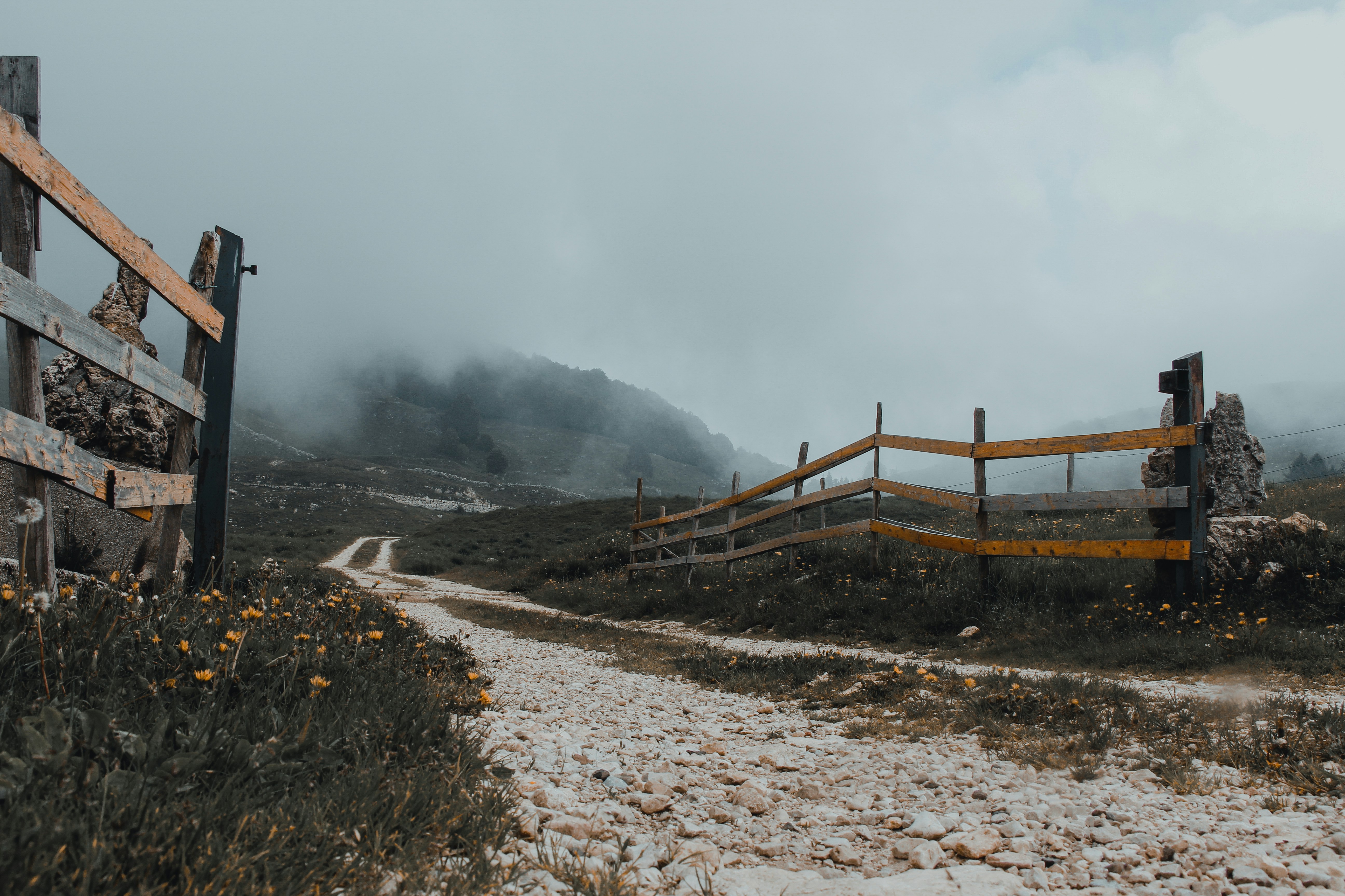 Mist-Lined Trail Between Weathered Fences Toward Hidden Peaks