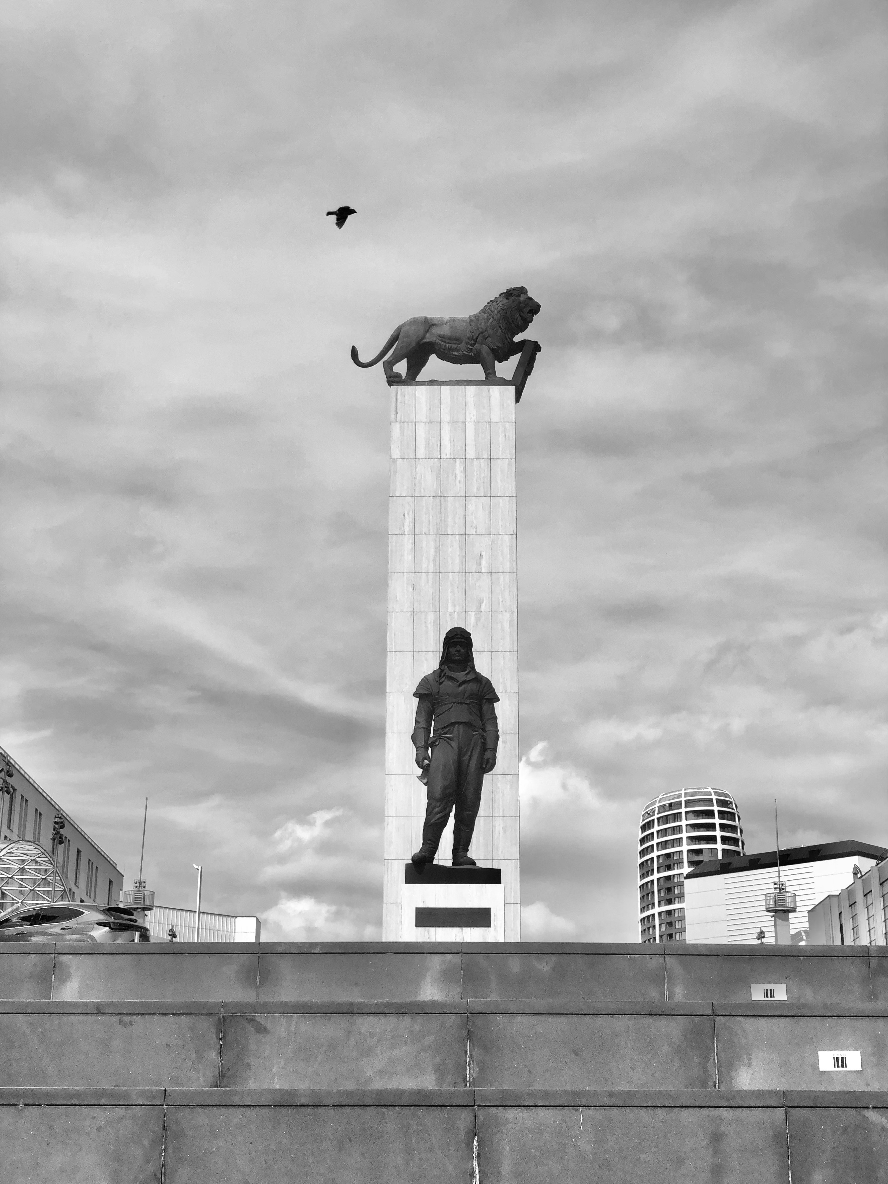 Lion on the Pillar: A Monochrome City Sentinel