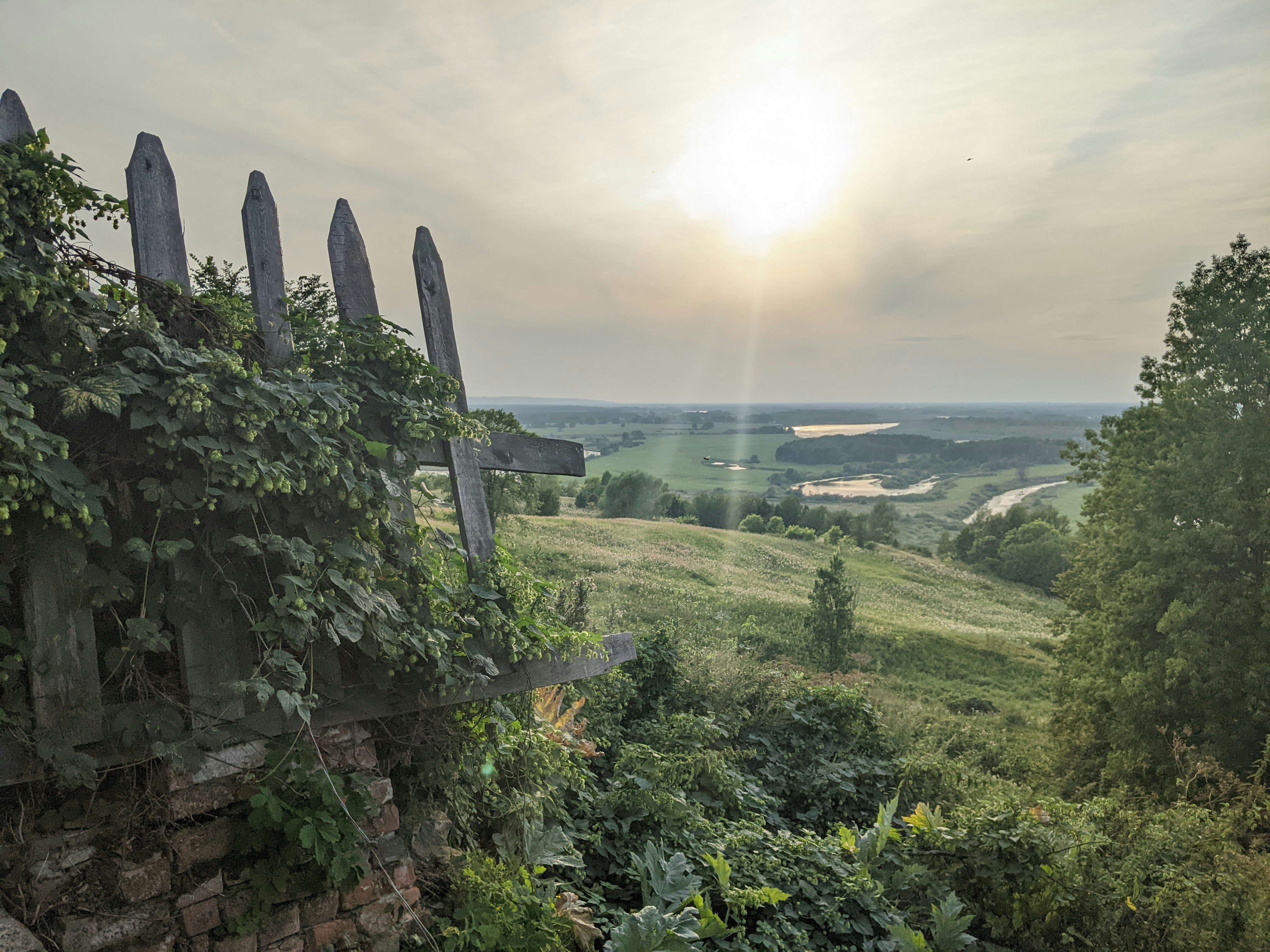Golden sun over a rolling valley with a weathered wooden fence and lush vegetation in the foreground.