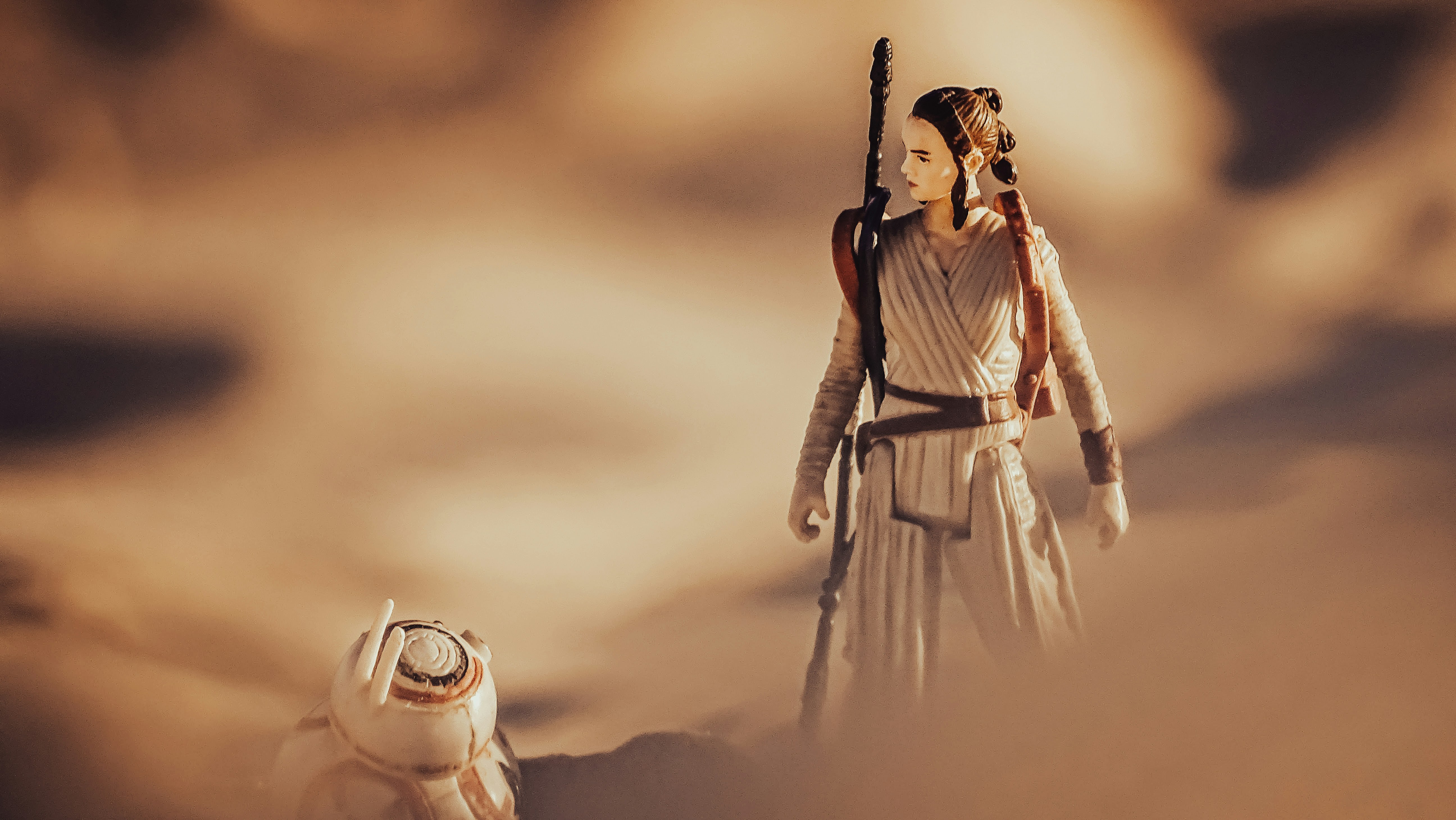 A lone warrior in backlit sands with a staff and companion droid