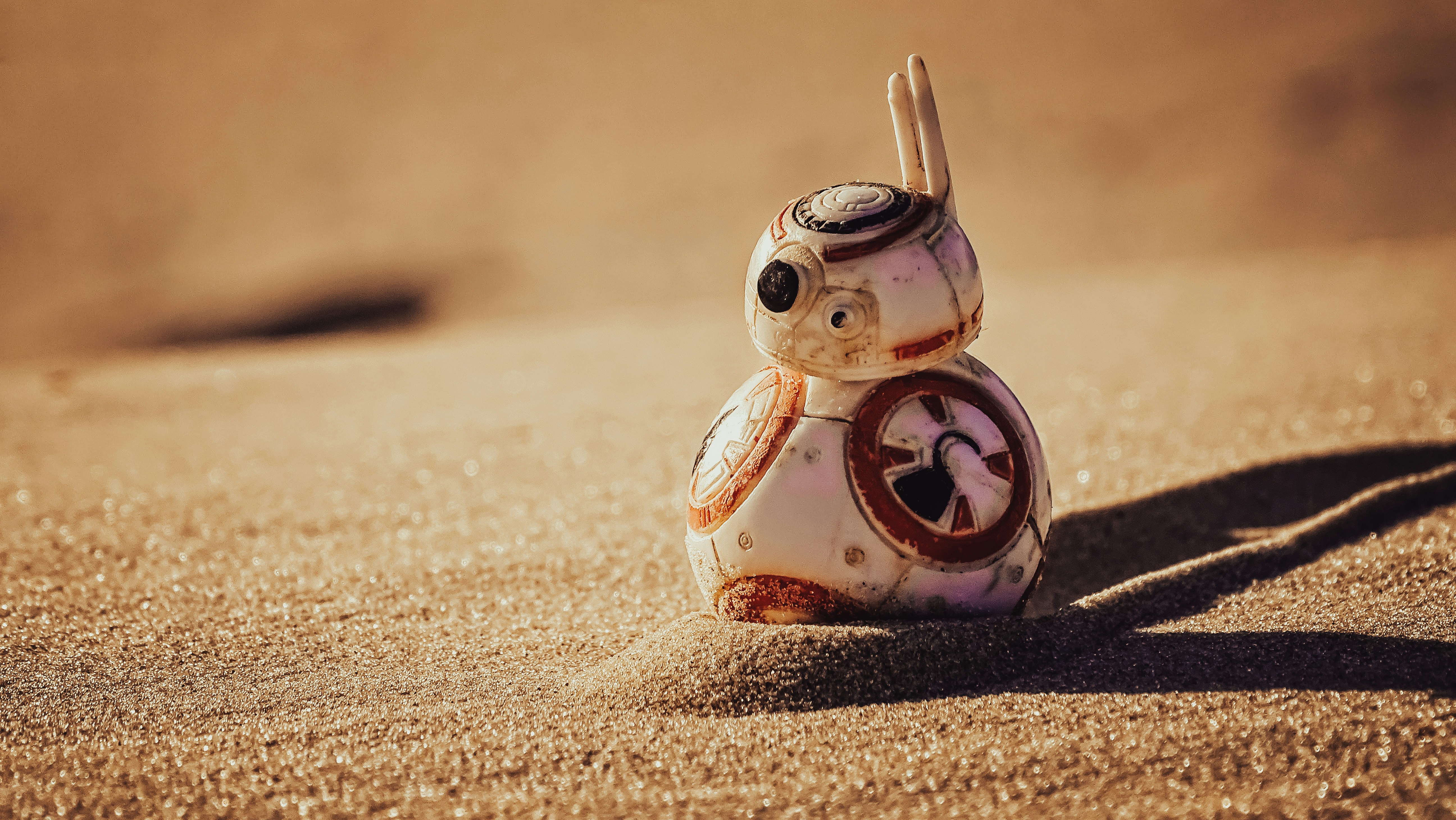 Small BB-8 droid toy sits partly buried in sunlit sand, casting a long shadow with a shallow depth of field highlighting the rounded figure and textured grains.