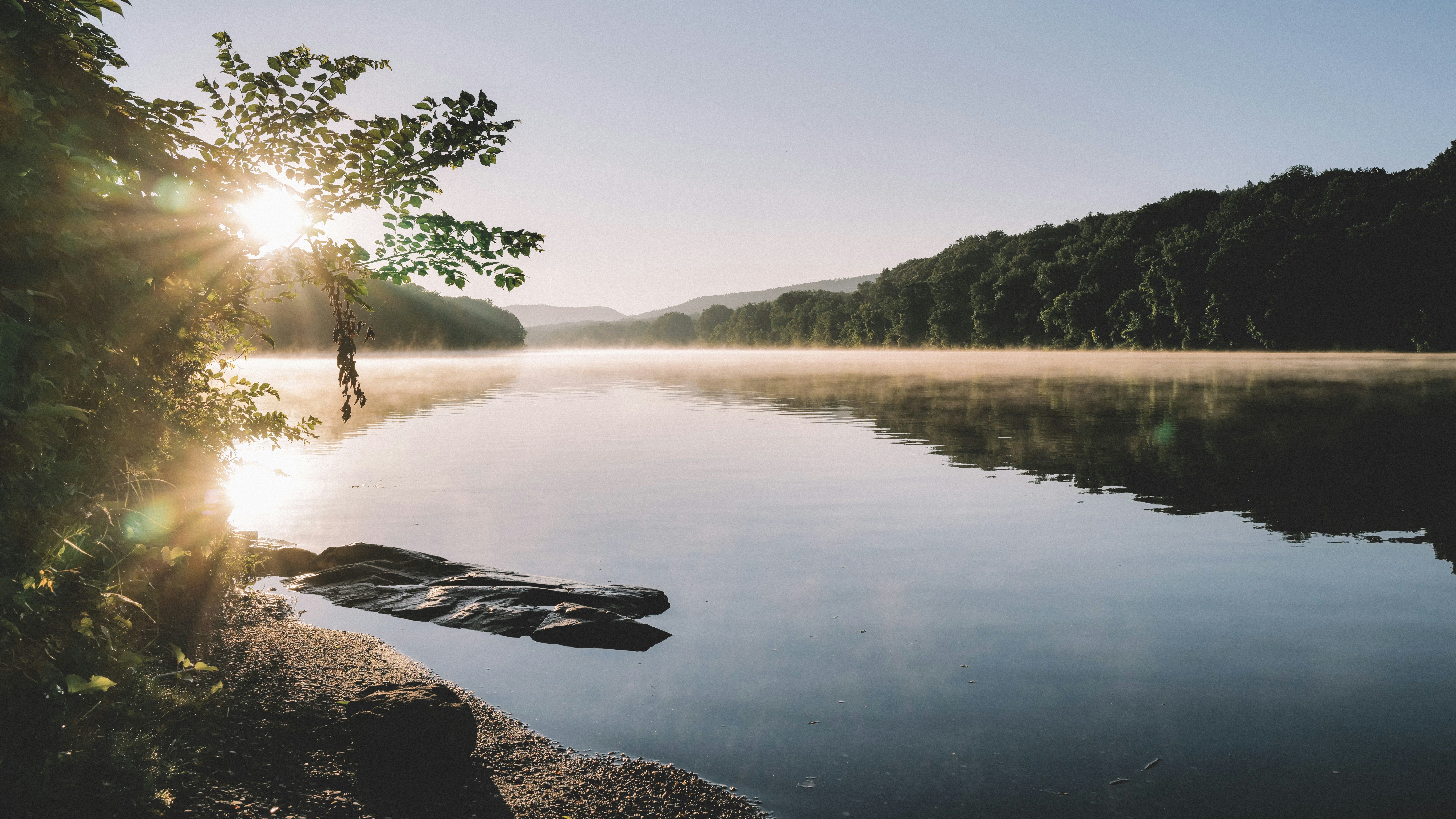 Un cuerpo de agua con un árbol y una playa con una colina al fondo foto – Imagen de Putney ...