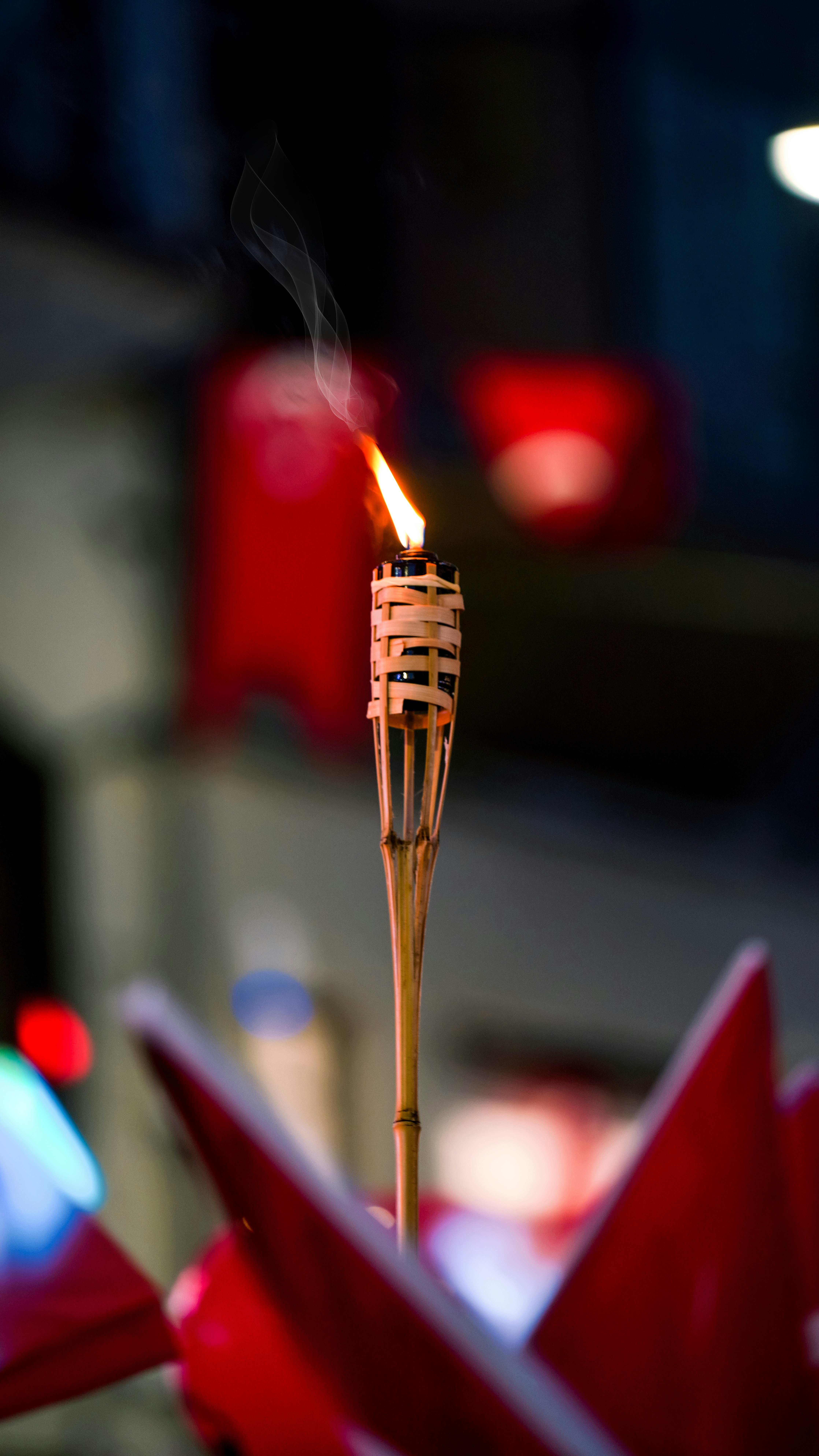 Ember in Focus: Bamboo Tiki Torch Against a Velvet Night