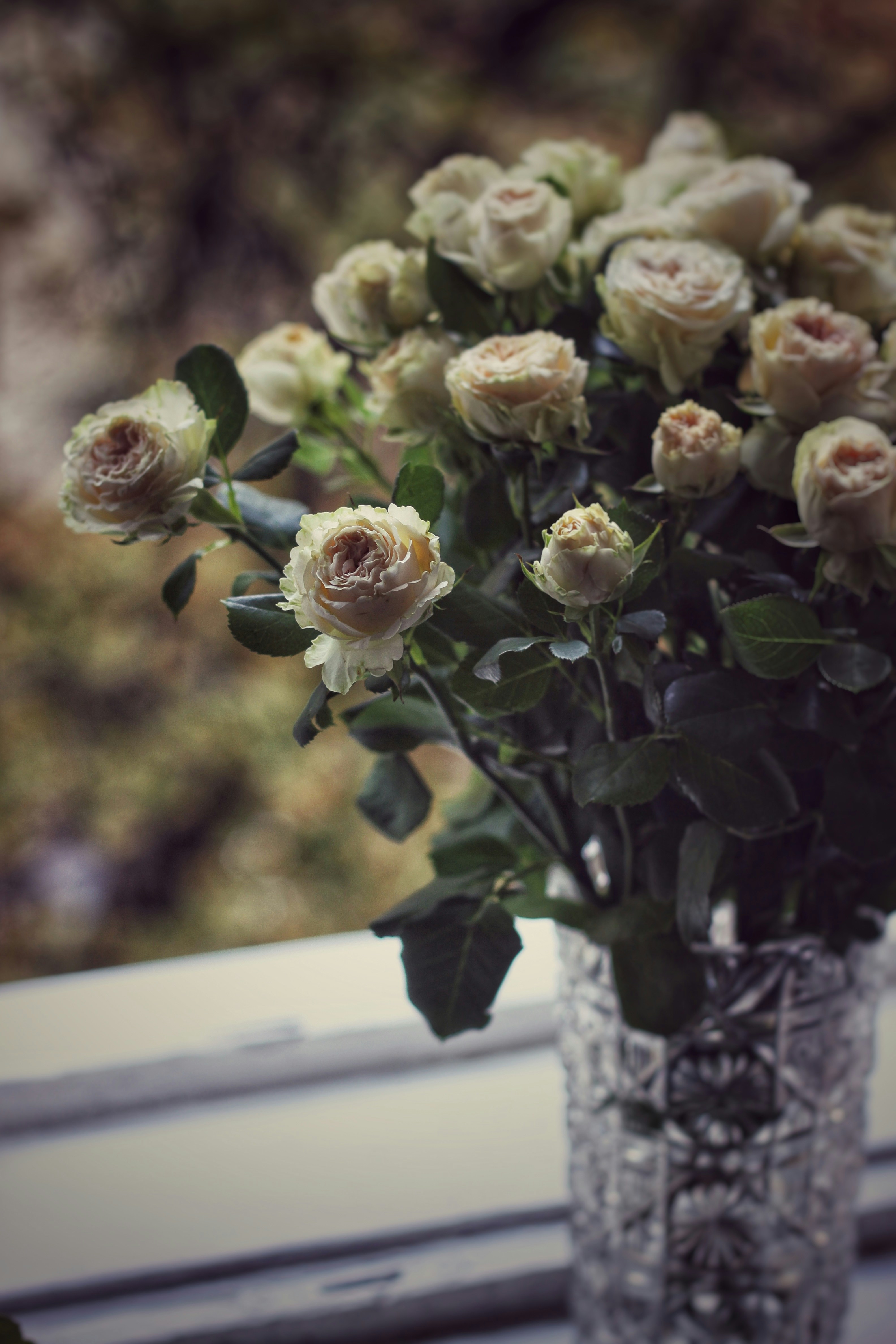 Muted blush roses bloom in a textured crystal vase