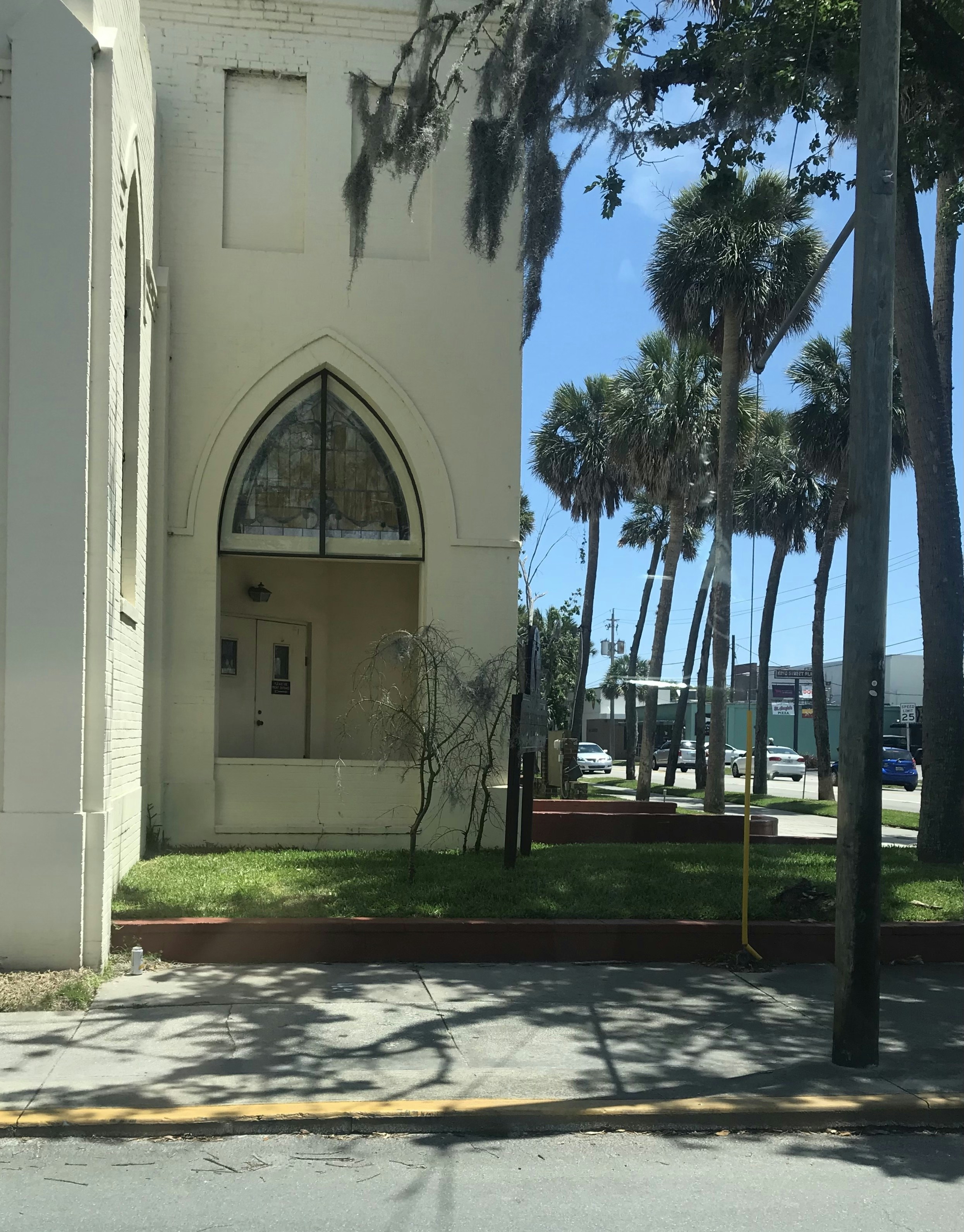 Gothic Entry Framed by Tropical Trees