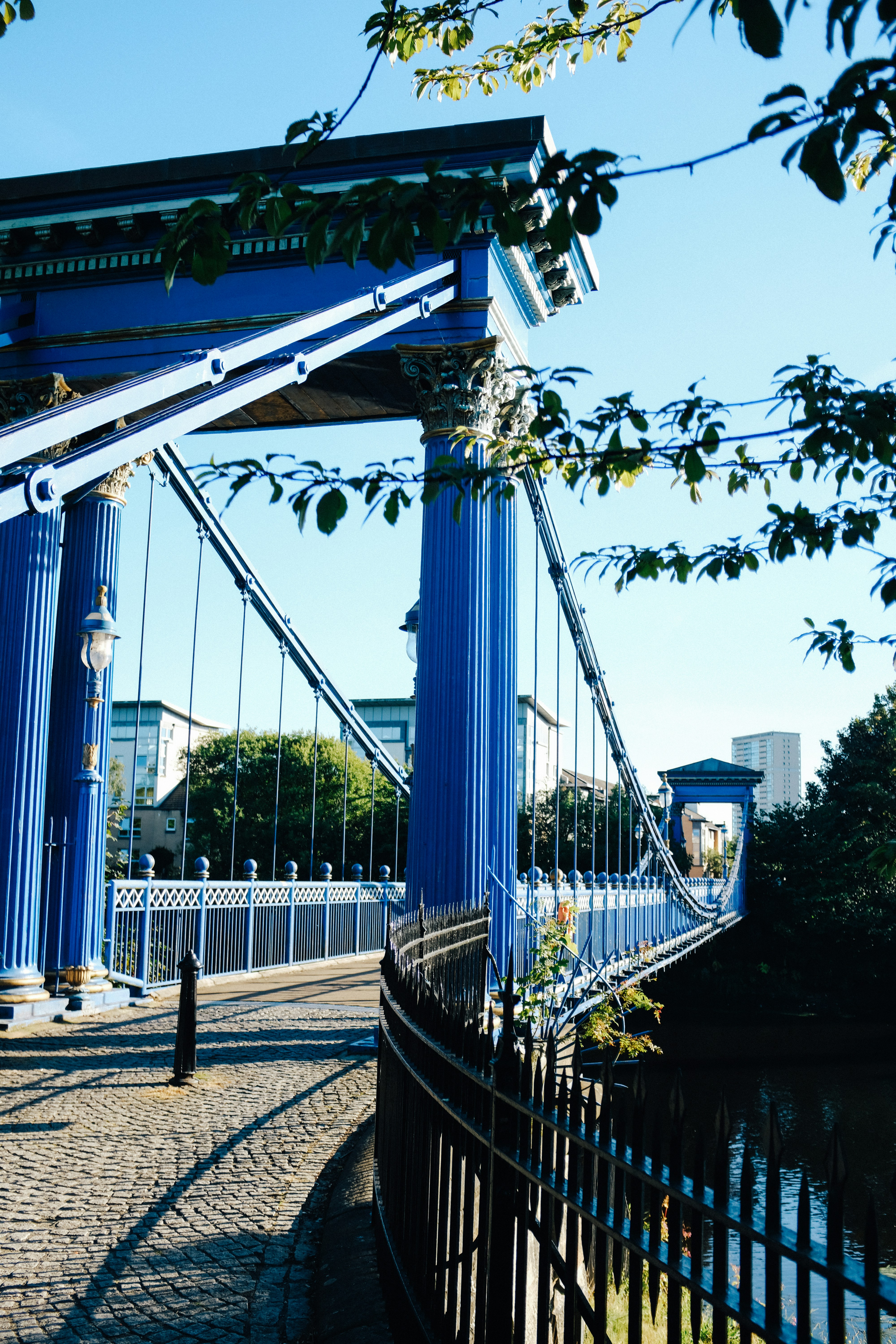 A bridge with a railing and trees photo – Free Blue Image on Unsplash