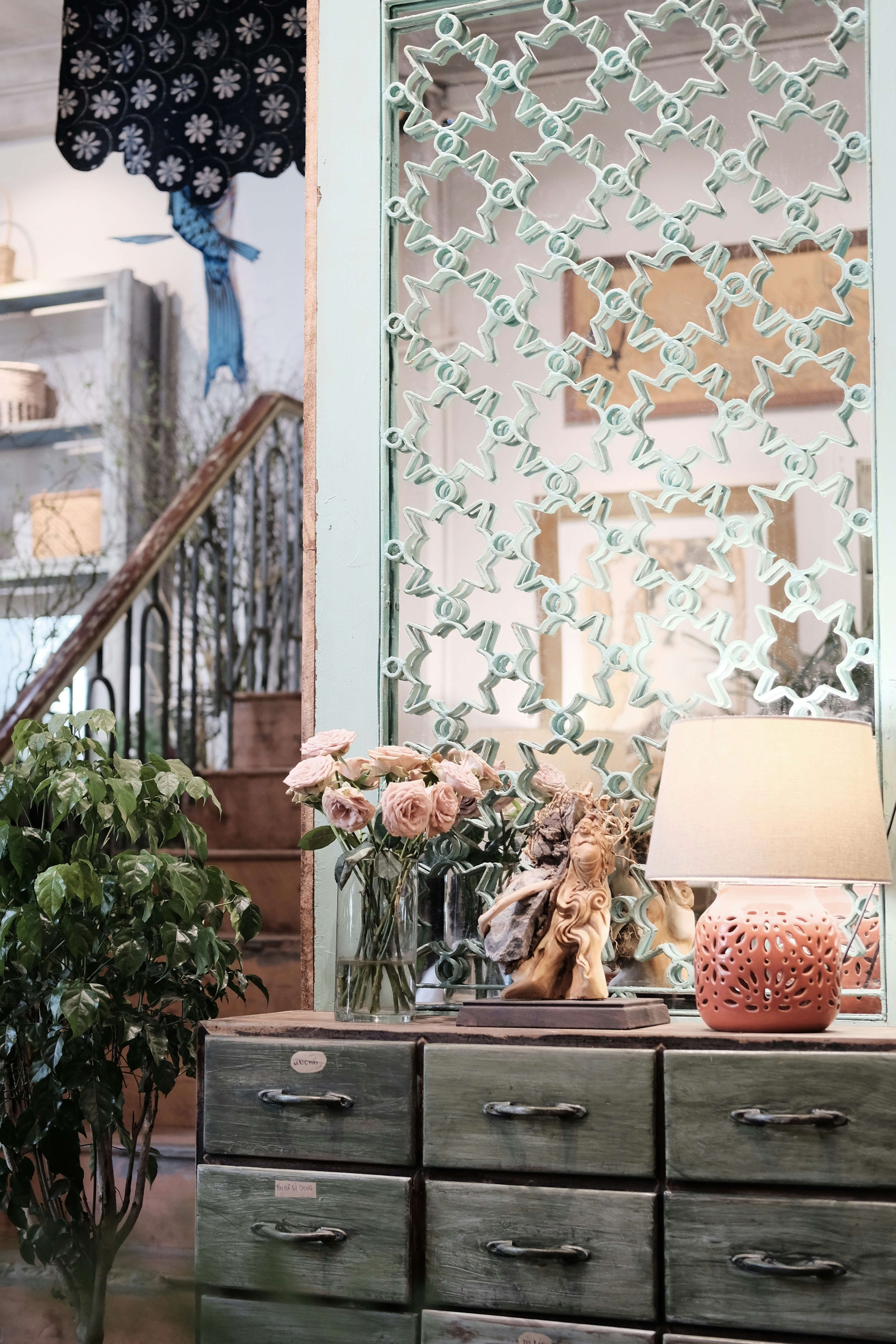 Pastel Interior Still Life with Floral Bouquet and Decorative Screen