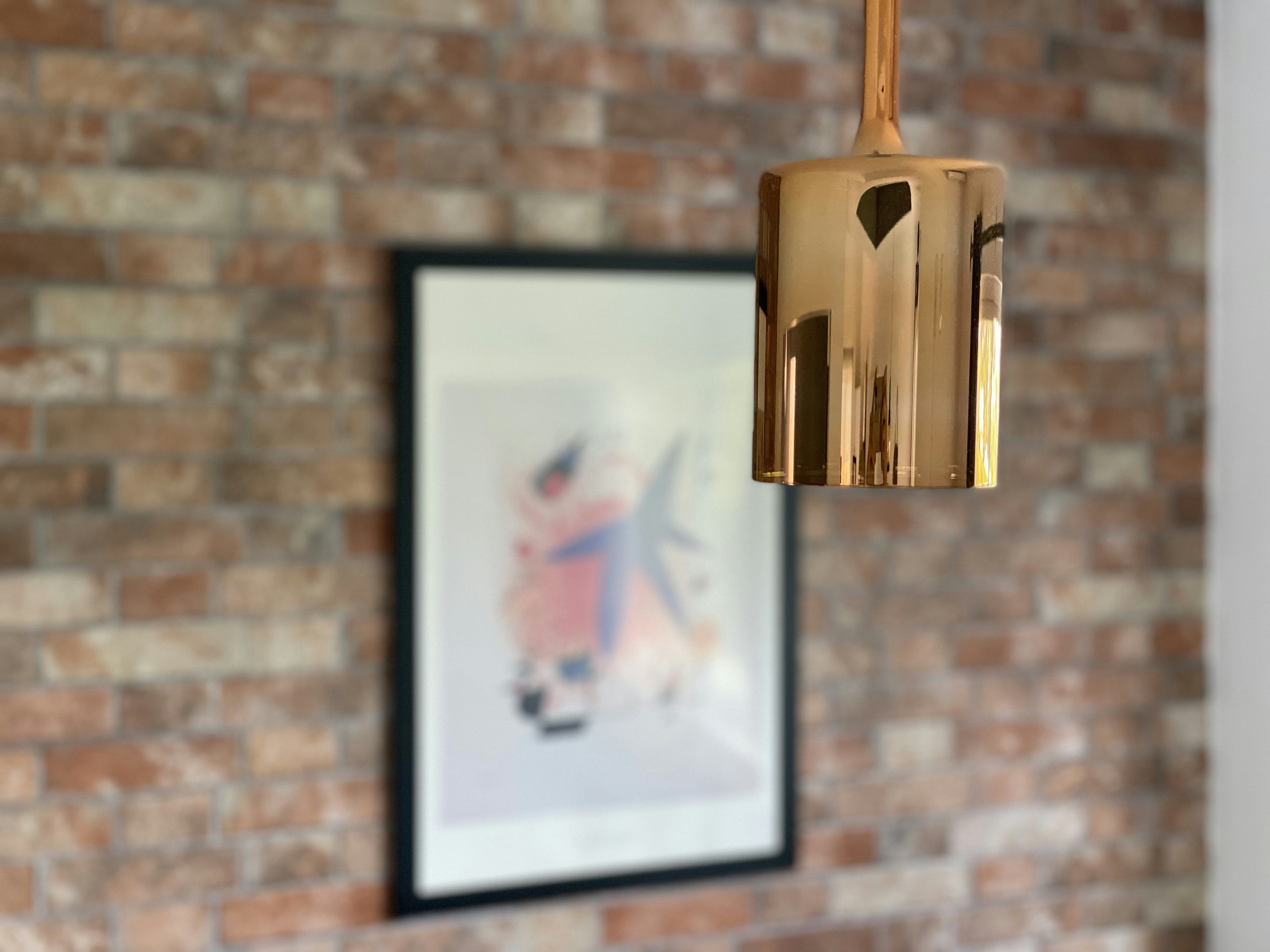 Copper pendant light in sharp focus against a blurred brick wall and framed artwork.