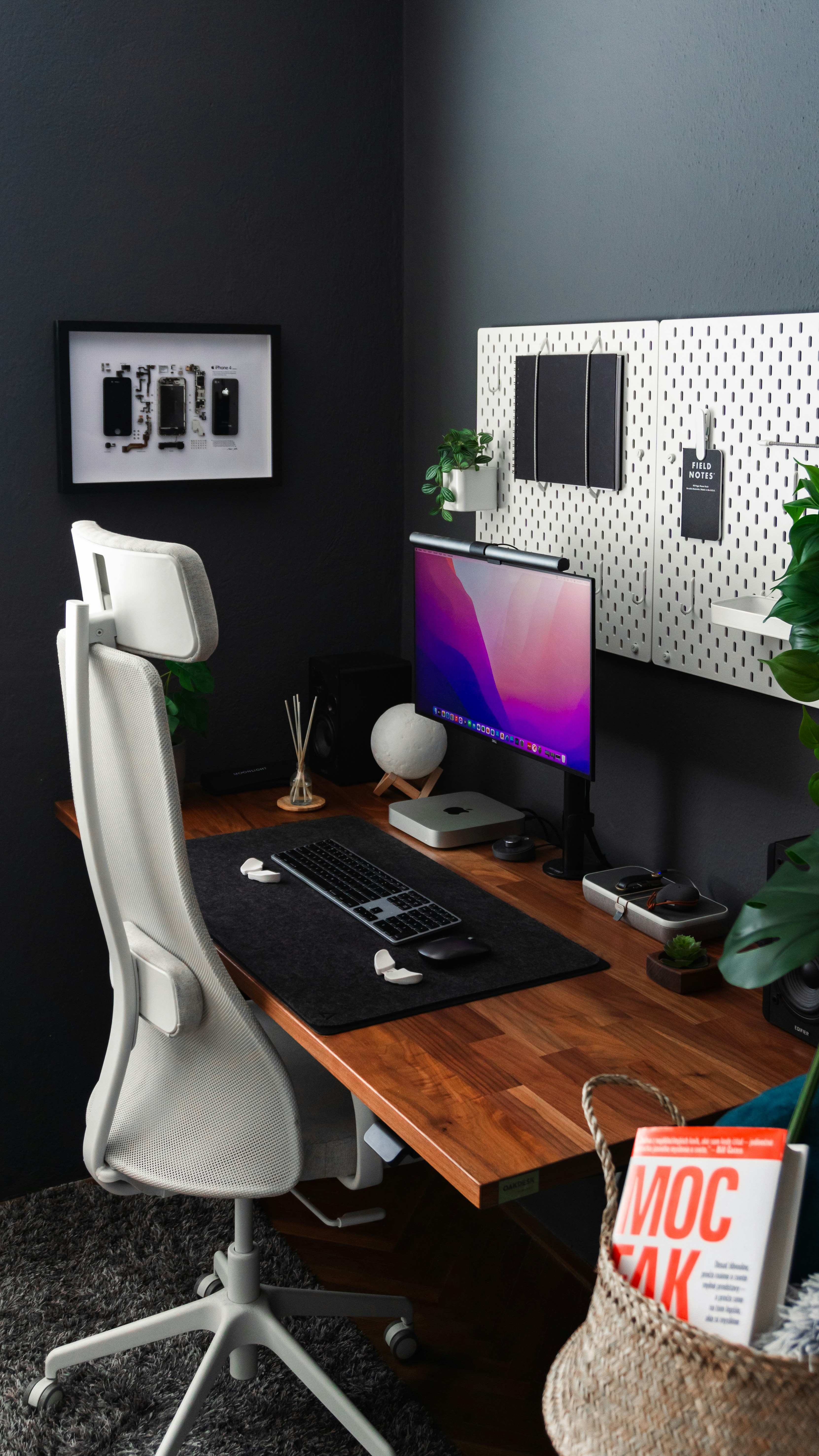Minimalist workspace featuring a sleek desk, ergonomic chair, and modern monitor with vibrant display. Decorative elements include plants and framed art.