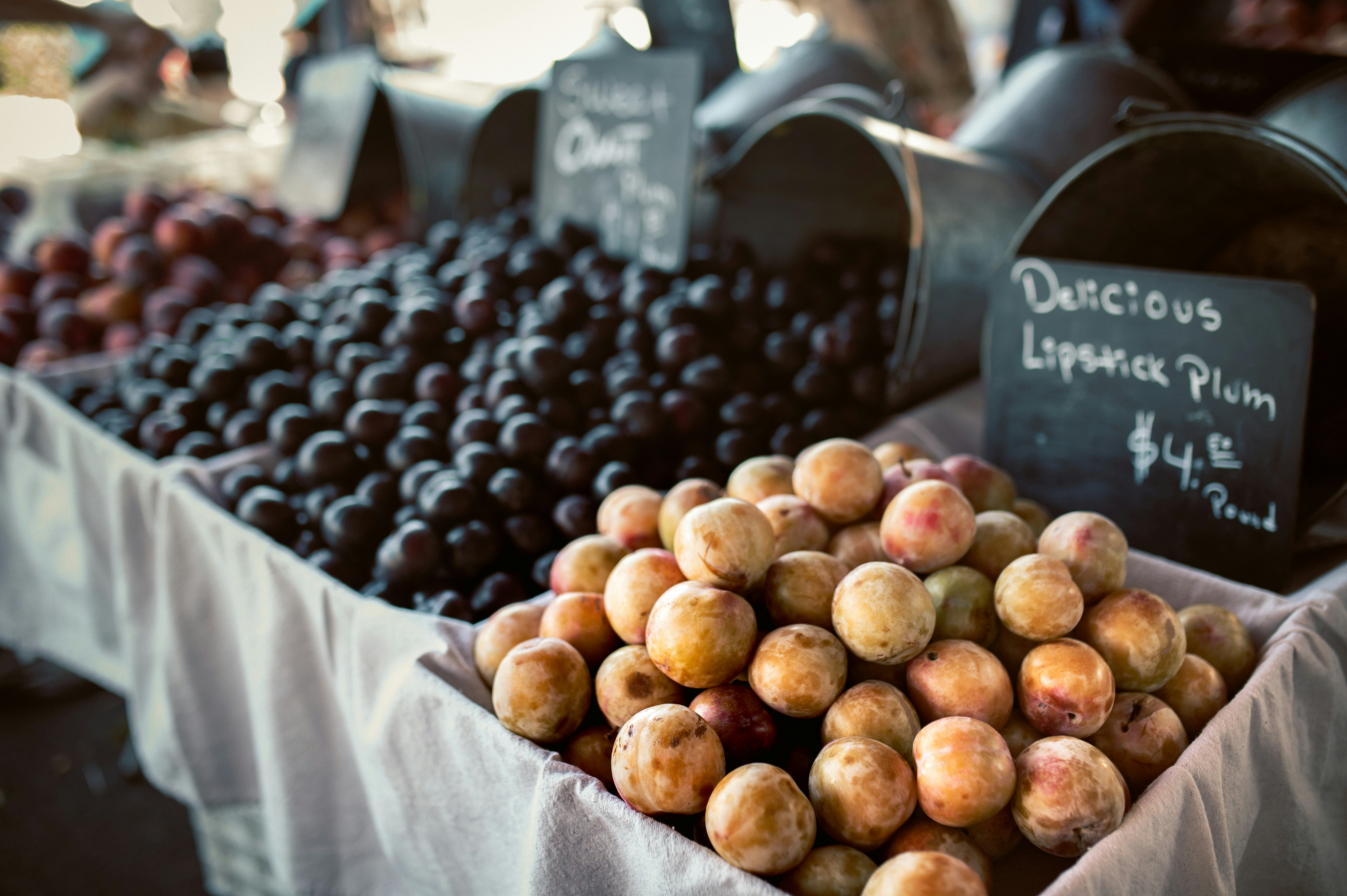 Sunlit Peach Pile at a Market Stall, Framed by Dark Plums