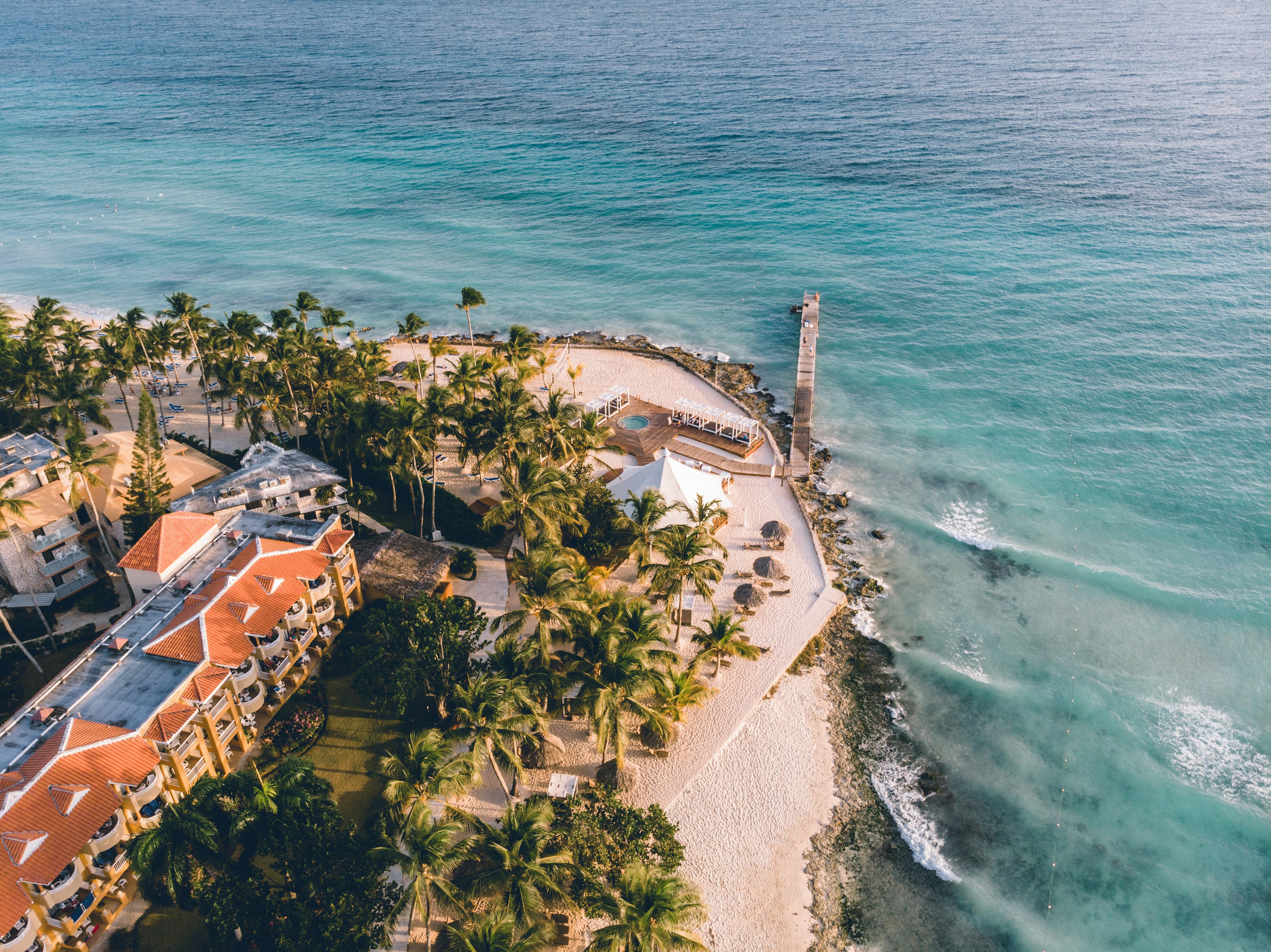 Tropical resort with palm trees and a sandy beach beside a turquoise ocean.