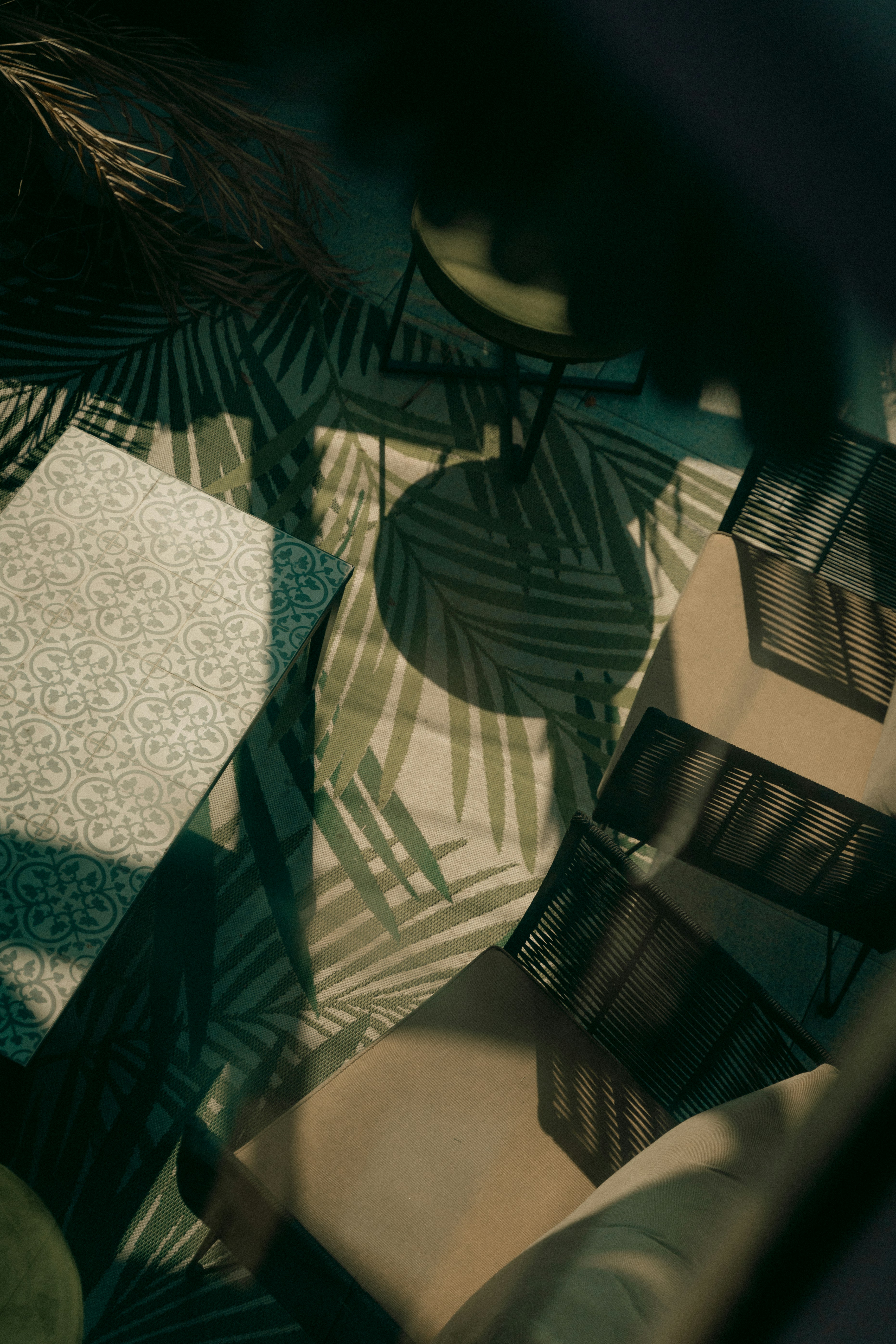 Shadow Geometry on a Patio: Palm Leaves Cast Latticed Patterns Across Tile and Chair