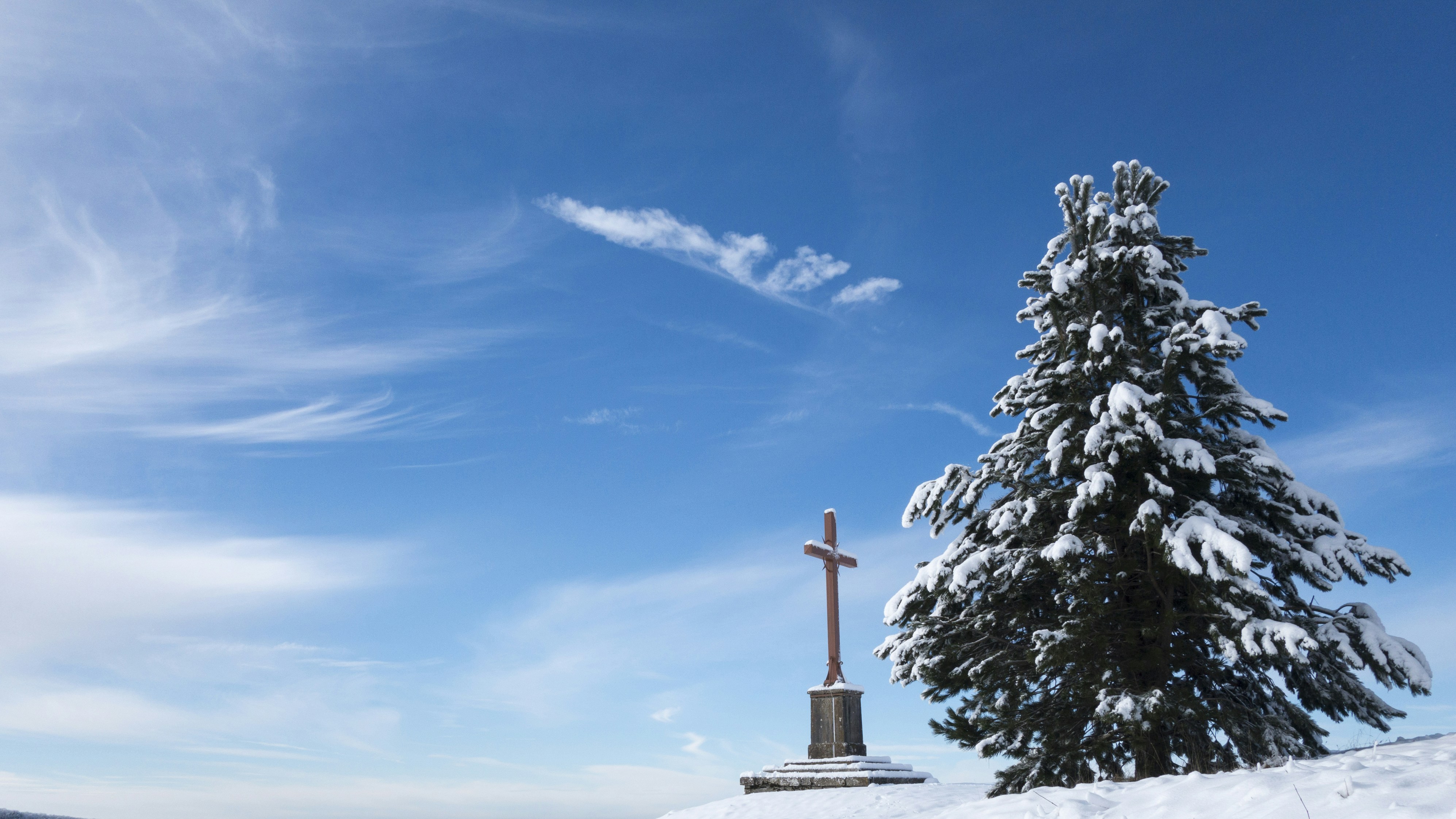 Winter Vigil: Snow-Covered Cross Beside a Silent Pine