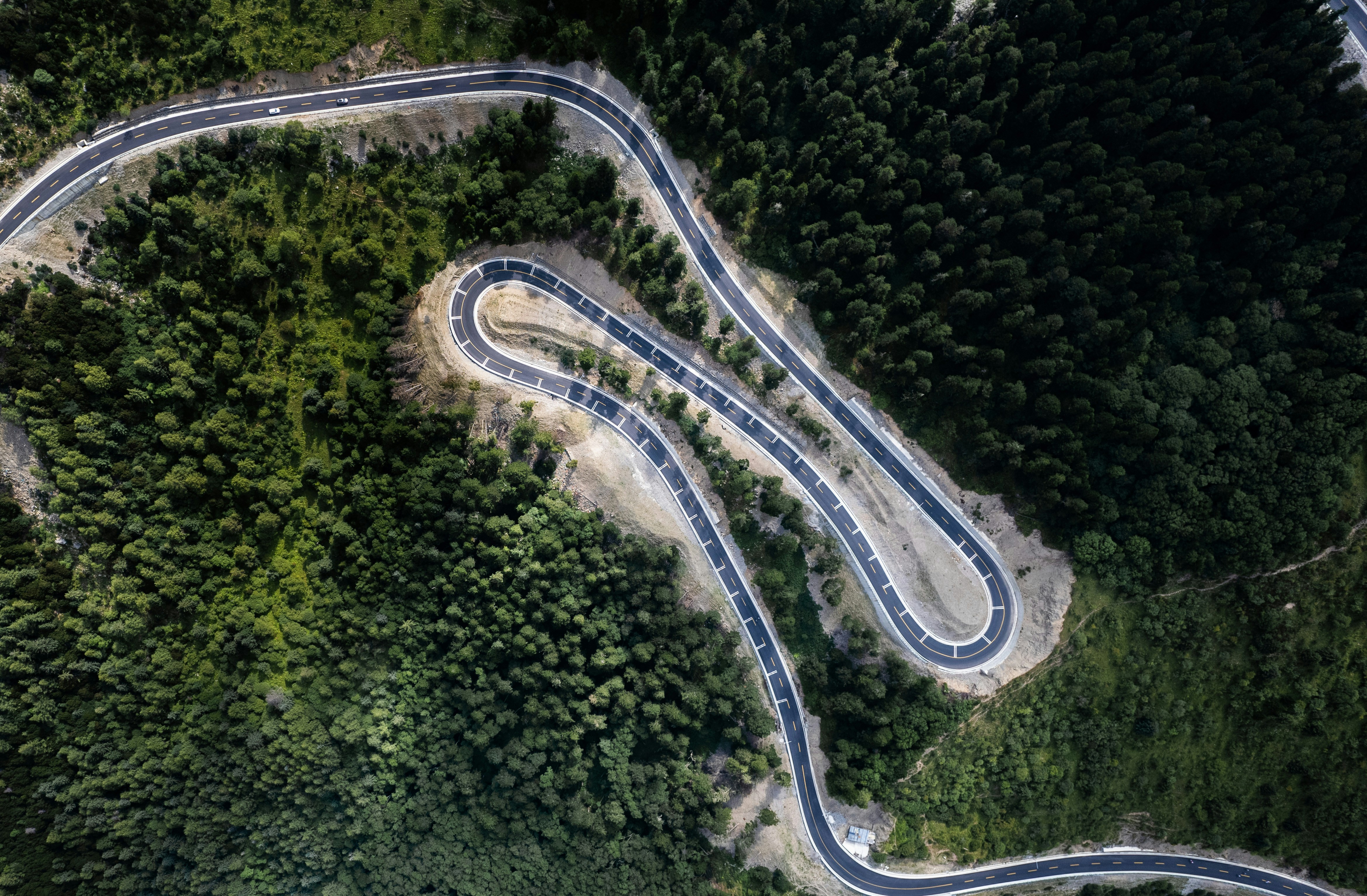 Winding road cutting through dense green forest from a high vantage point.