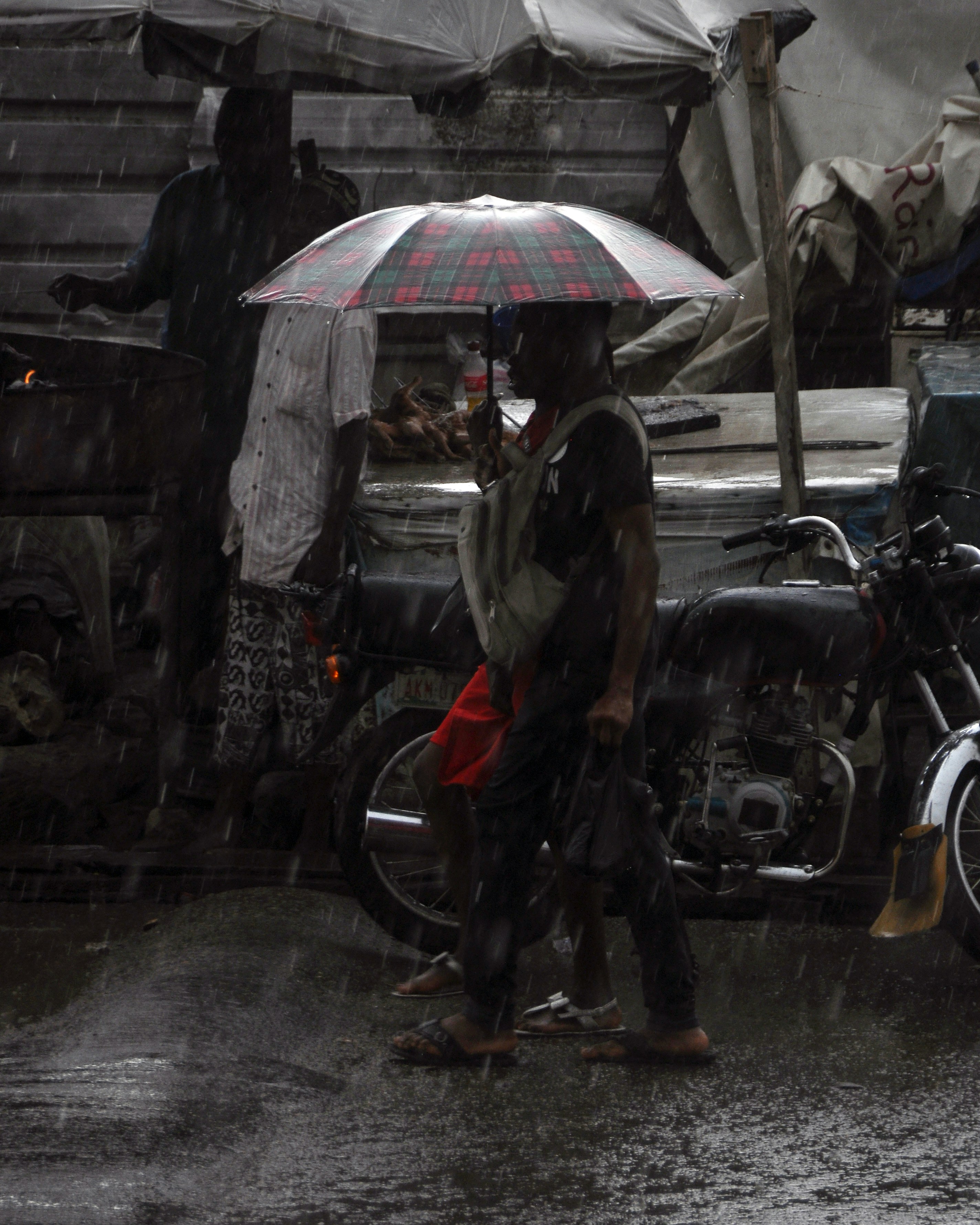 Umbrella in Rain: A Walk Through the Market Storm