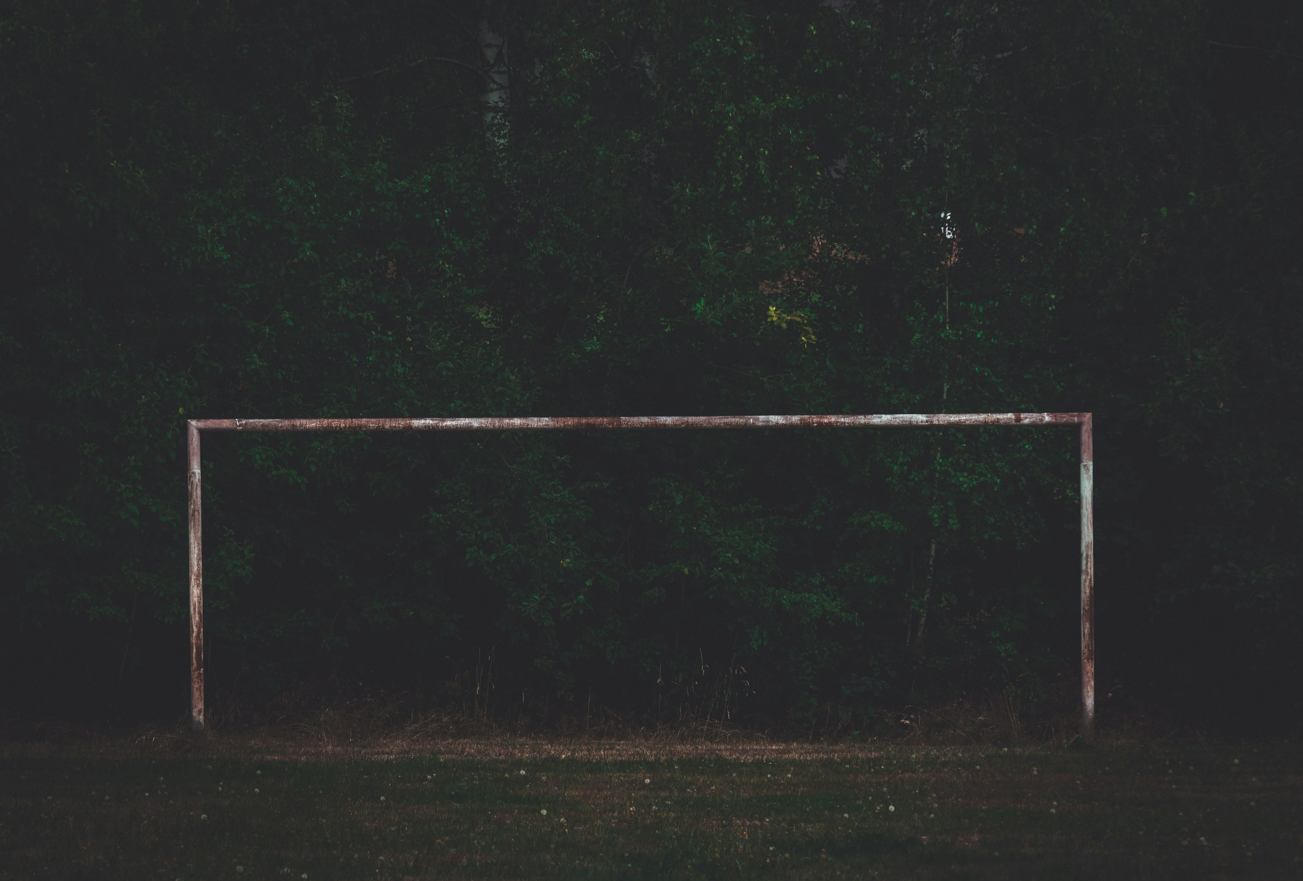 An abandoned soccer goalpost stands against a backdrop of dense greenery, evoking nostalgia for past games. The scene captures the essence of forgotten play and nature's reclaiming touch.