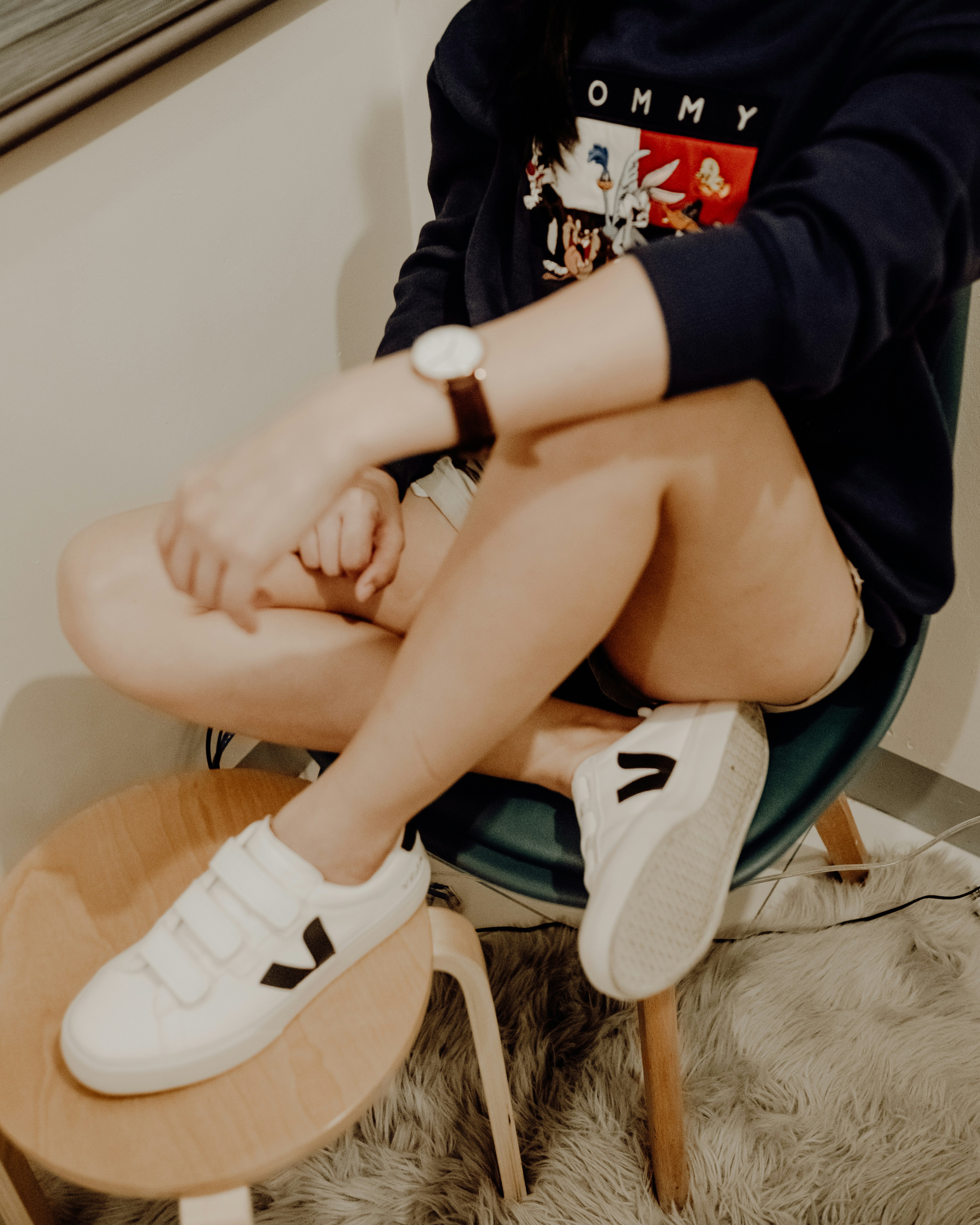 Cozy Geometry: White Velcro Sneakers Ground a Quiet Indoor Moment