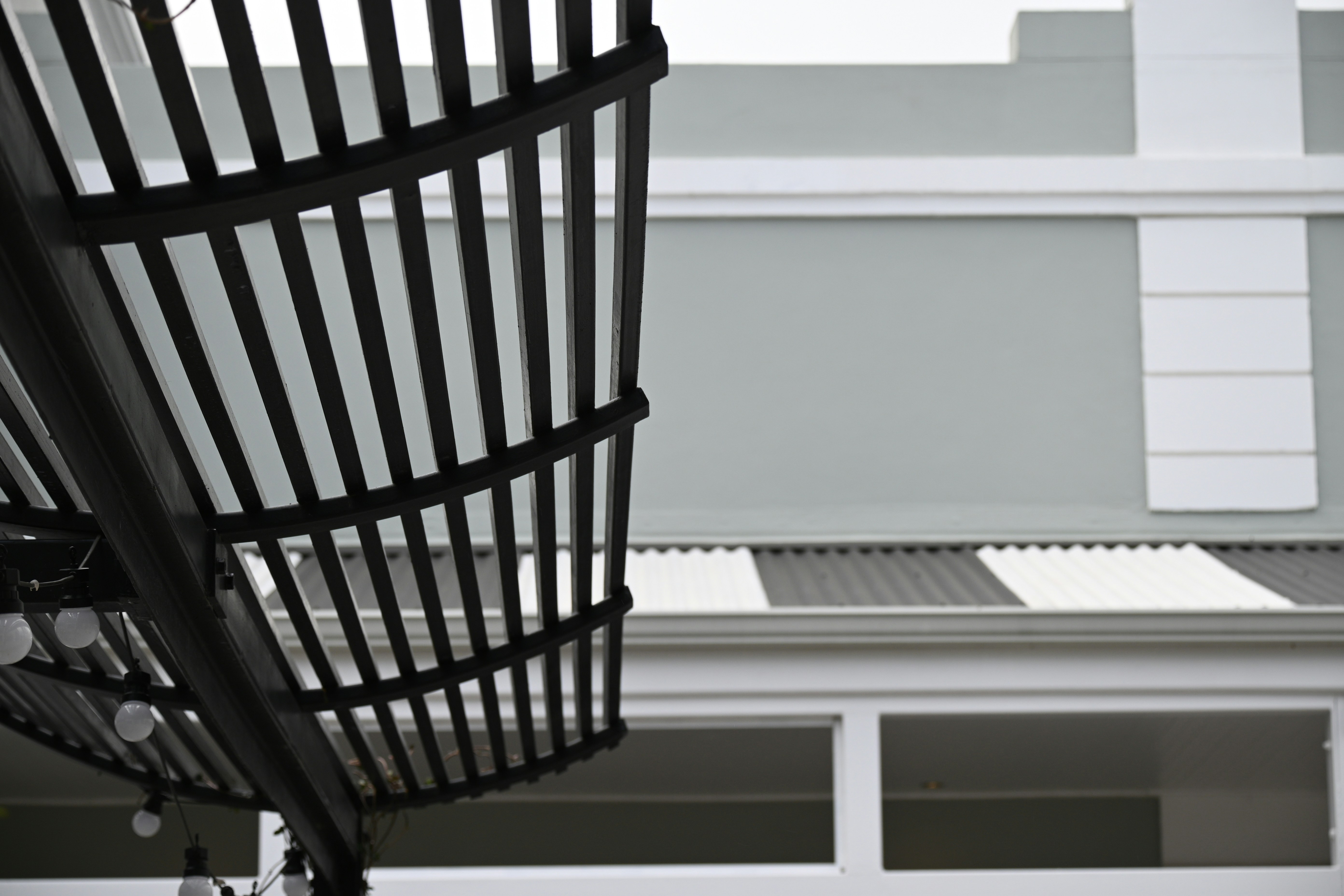 Curved Iron Lattice Framing a Quiet Urban Facade