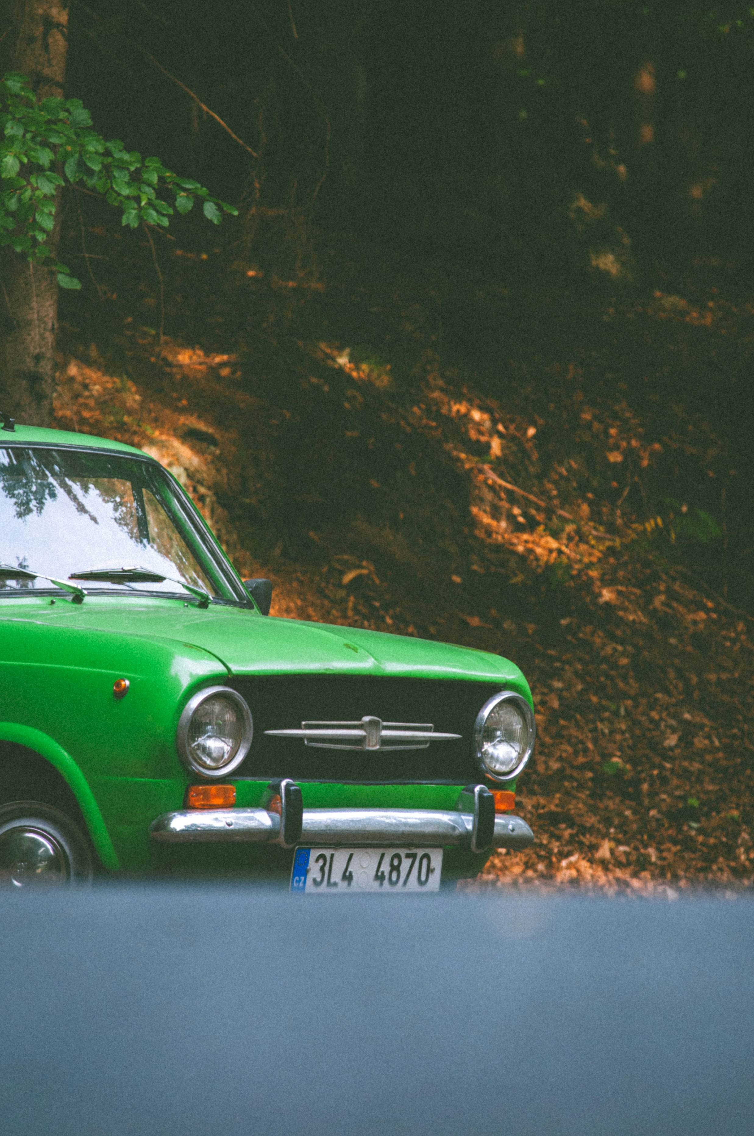 Vintage green car parked amidst a serene forest backdrop, showcasing its classic design against dappled sunlight. 