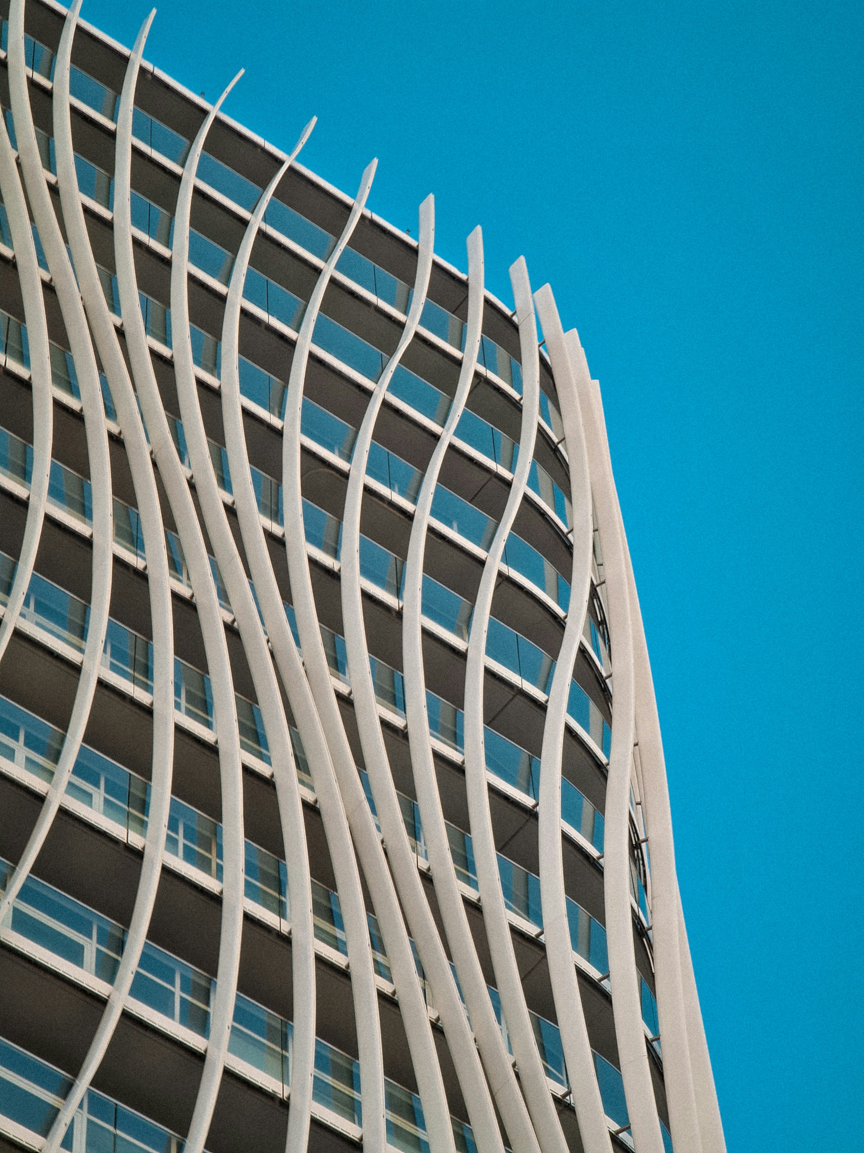Curved architectural lines of a contemporary building against a clear blue sky.