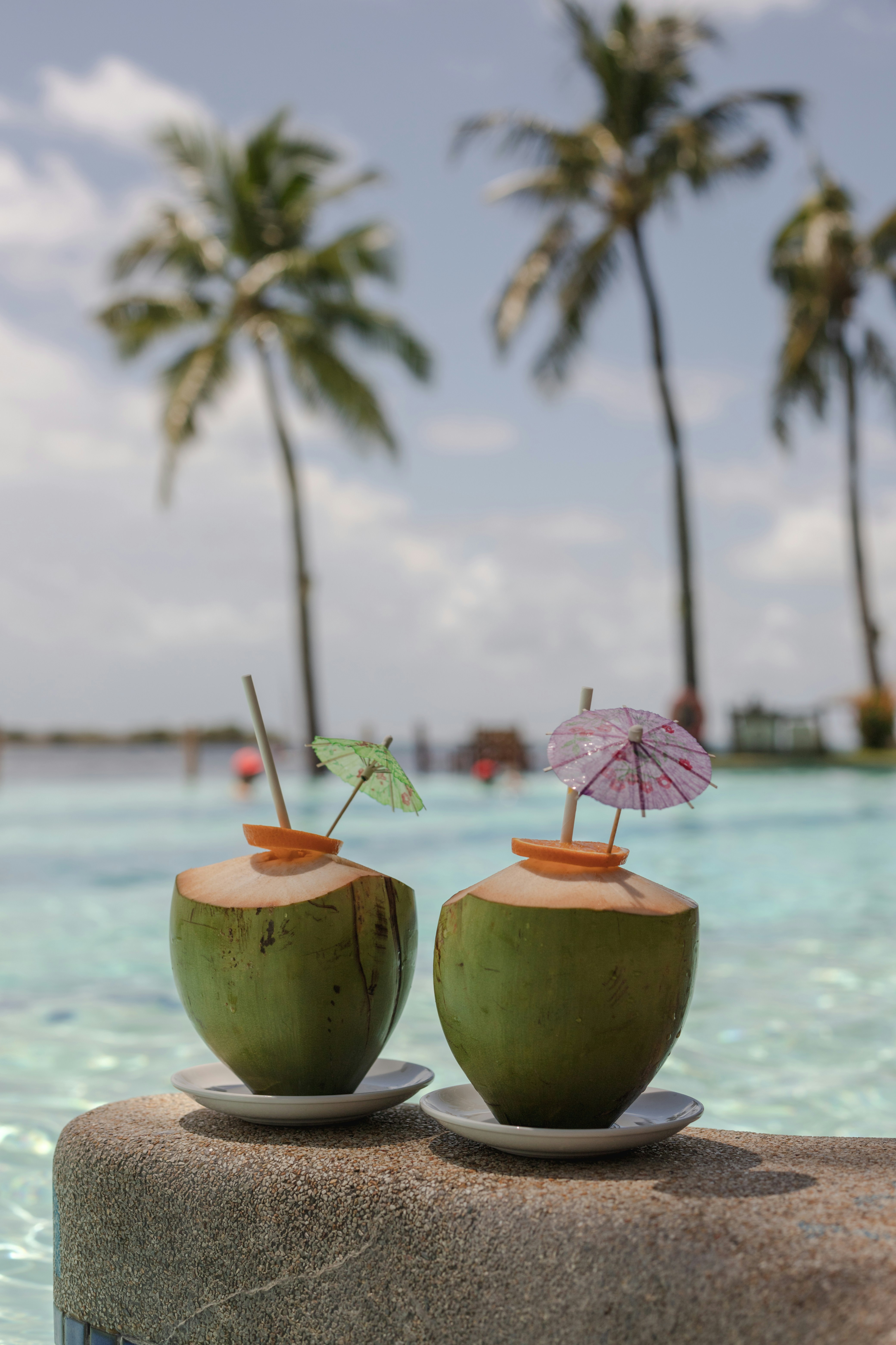 Twin Coconuts by the Pool: A Tropical Moment of Leisure