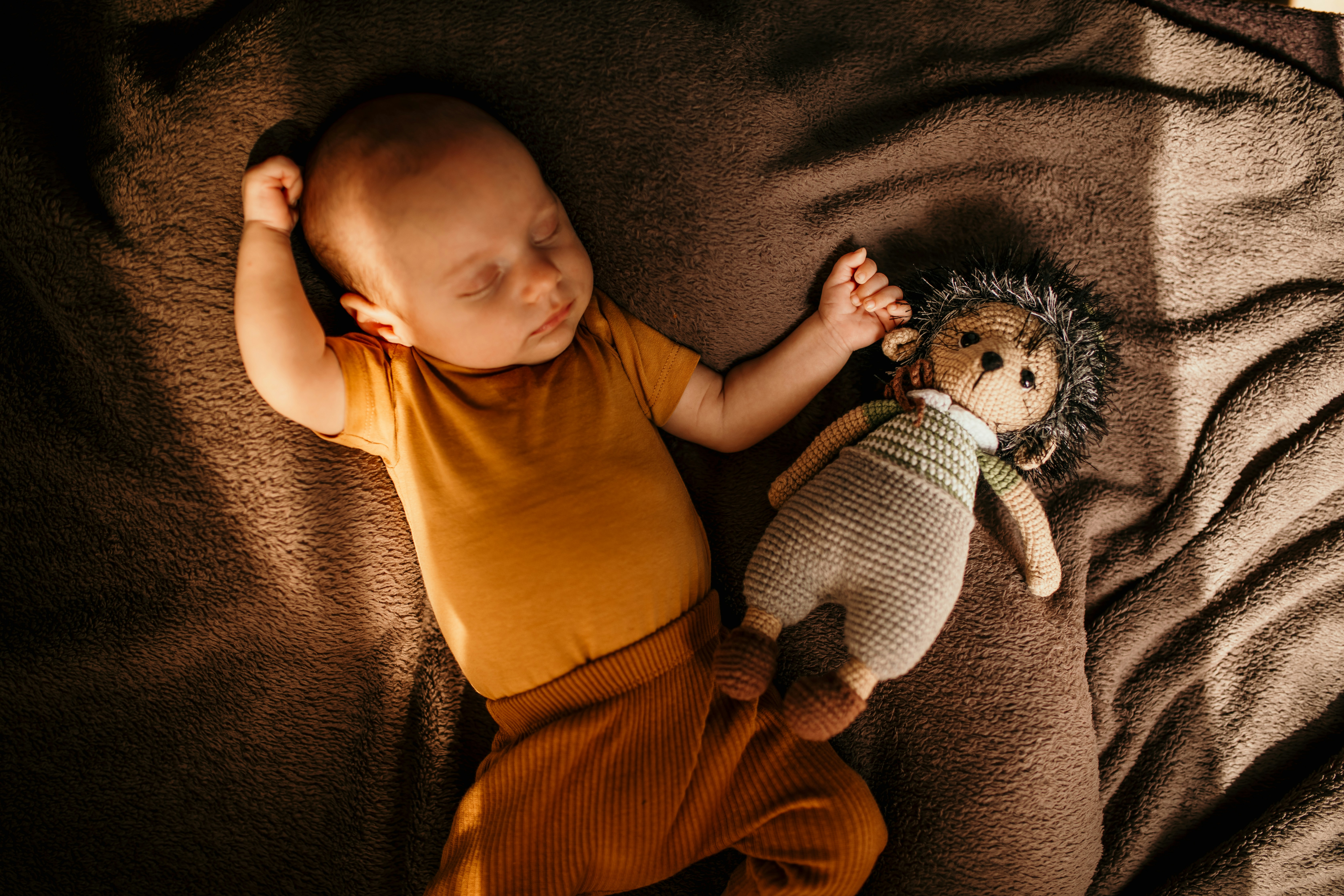 Infant peacefully sleeping on a soft blanket, accompanied by a crocheted hedgehog toy. Warm lighting enhances the cozy atmosphere.