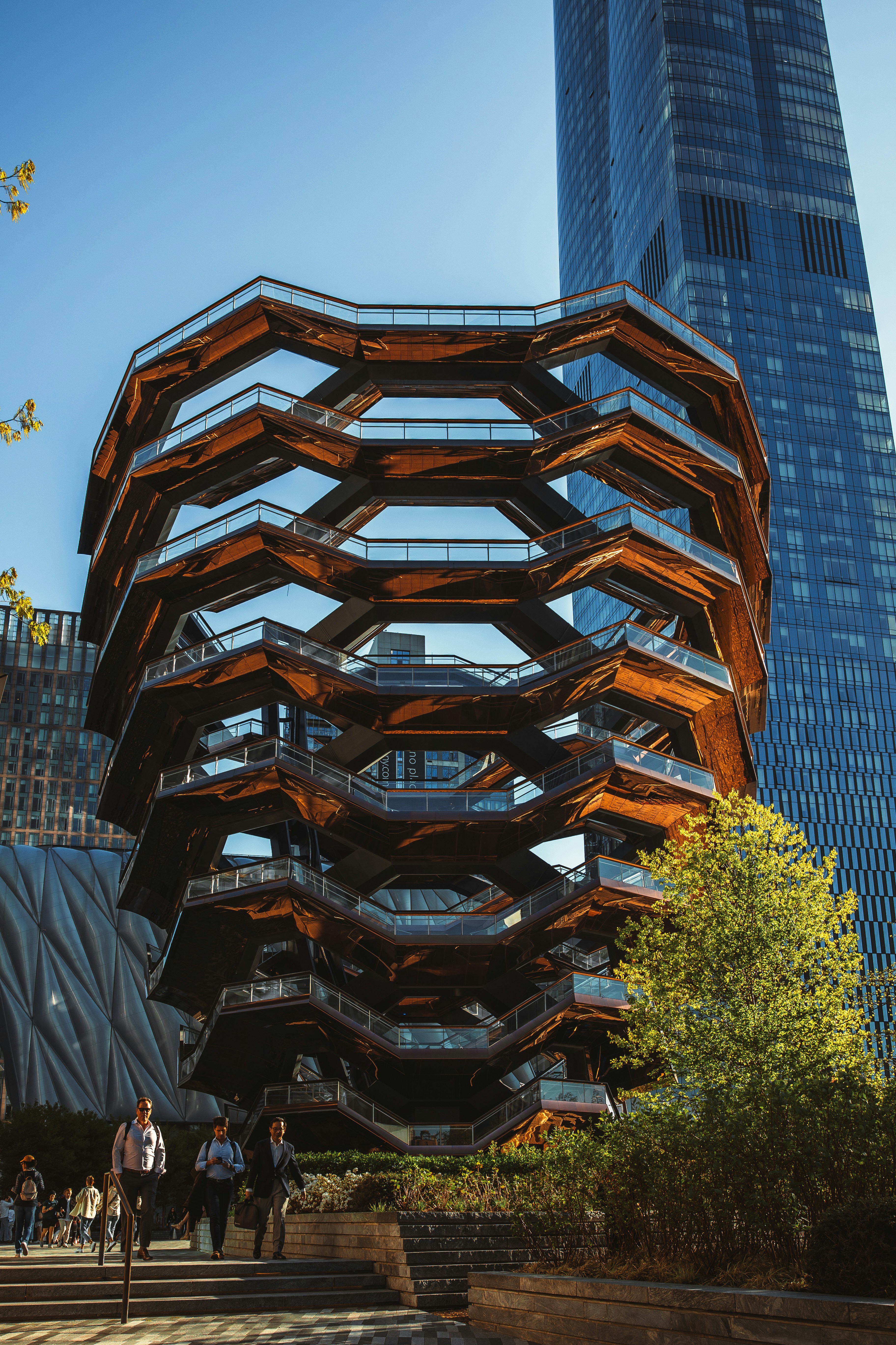 Copper Stairway Tower: a sculpted ascent beside a glass canyon
