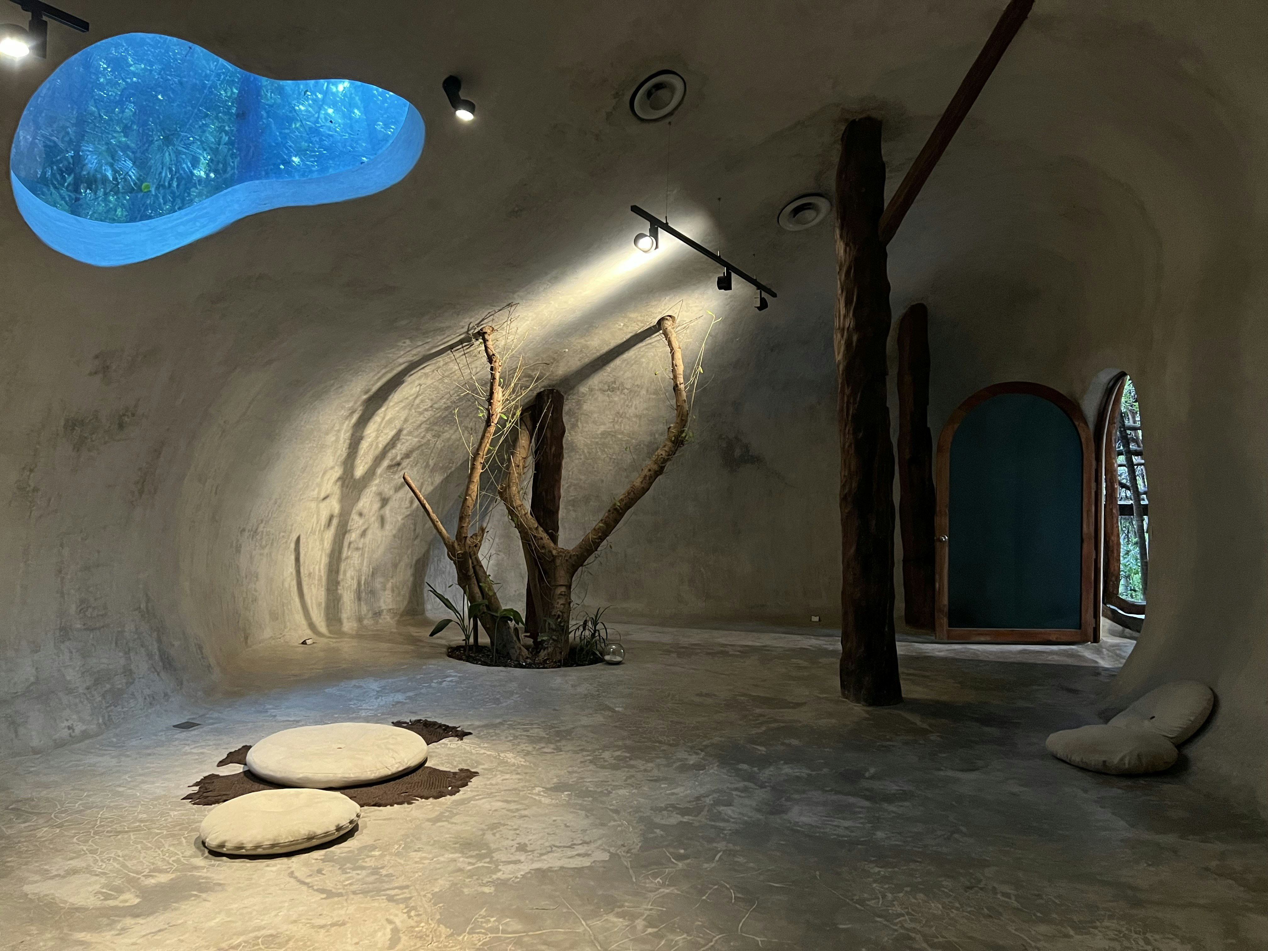 An interior space featuring a unique blend of natural elements and modern architecture, highlighted by a tree centerpiece and soft seating areas. Natural light filters through a sculptural window.