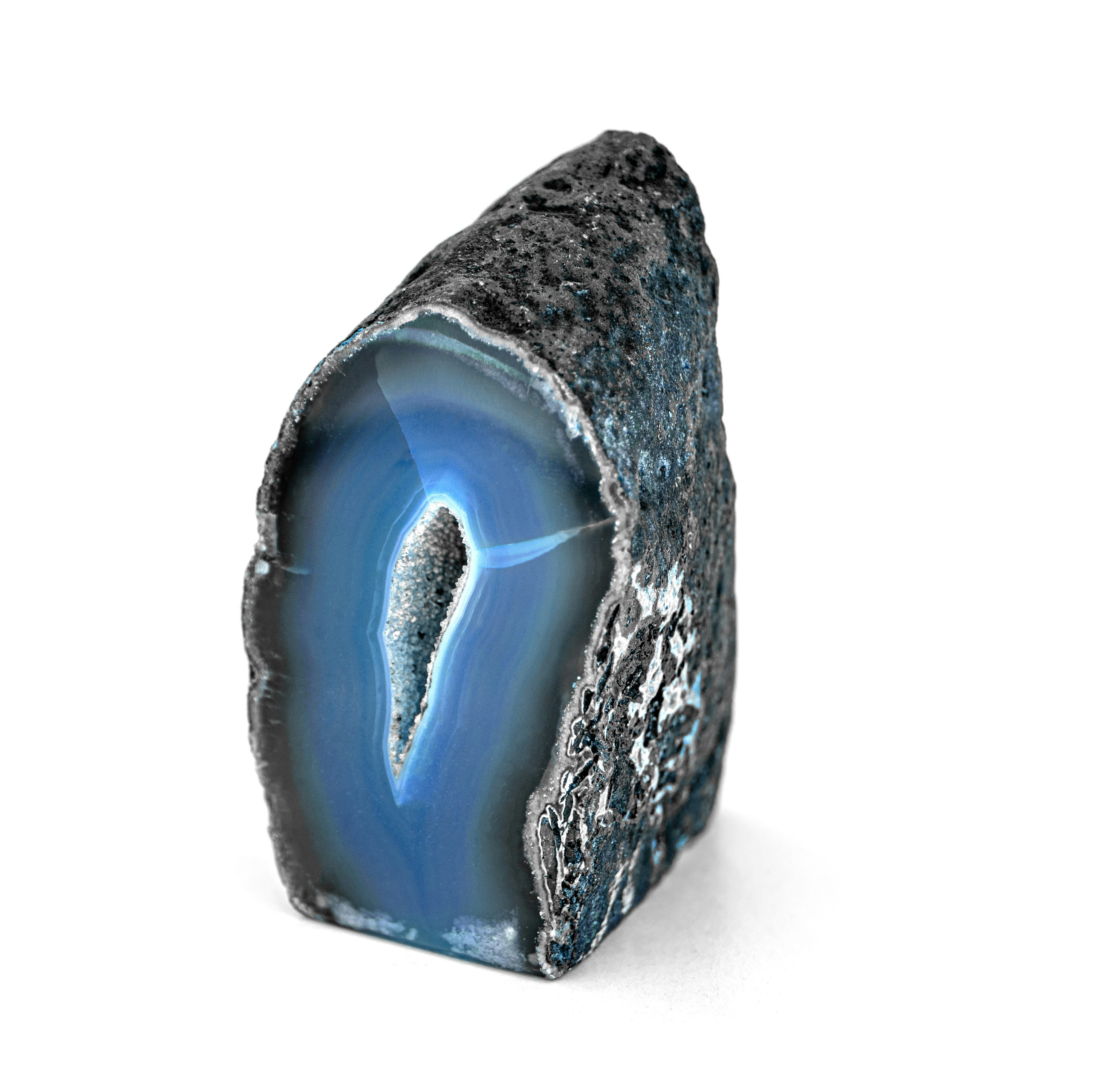 Azure Core: Blue agate geode revealing a vivid crystalline heart