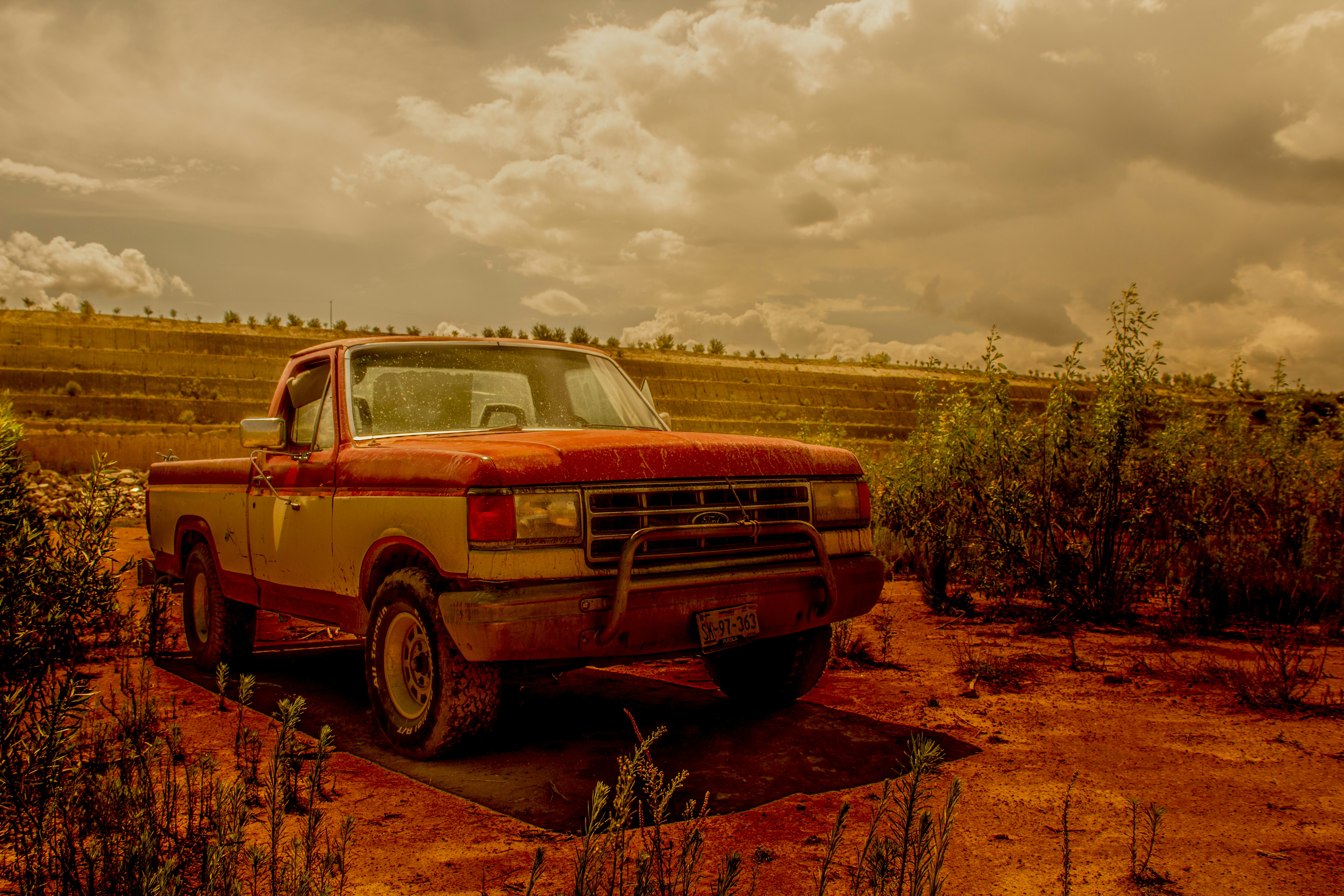 A weathered red pickup truck sits amid overgrown vegetation on a dusty landscape, evoking a sense of nostalgia and abandonment.