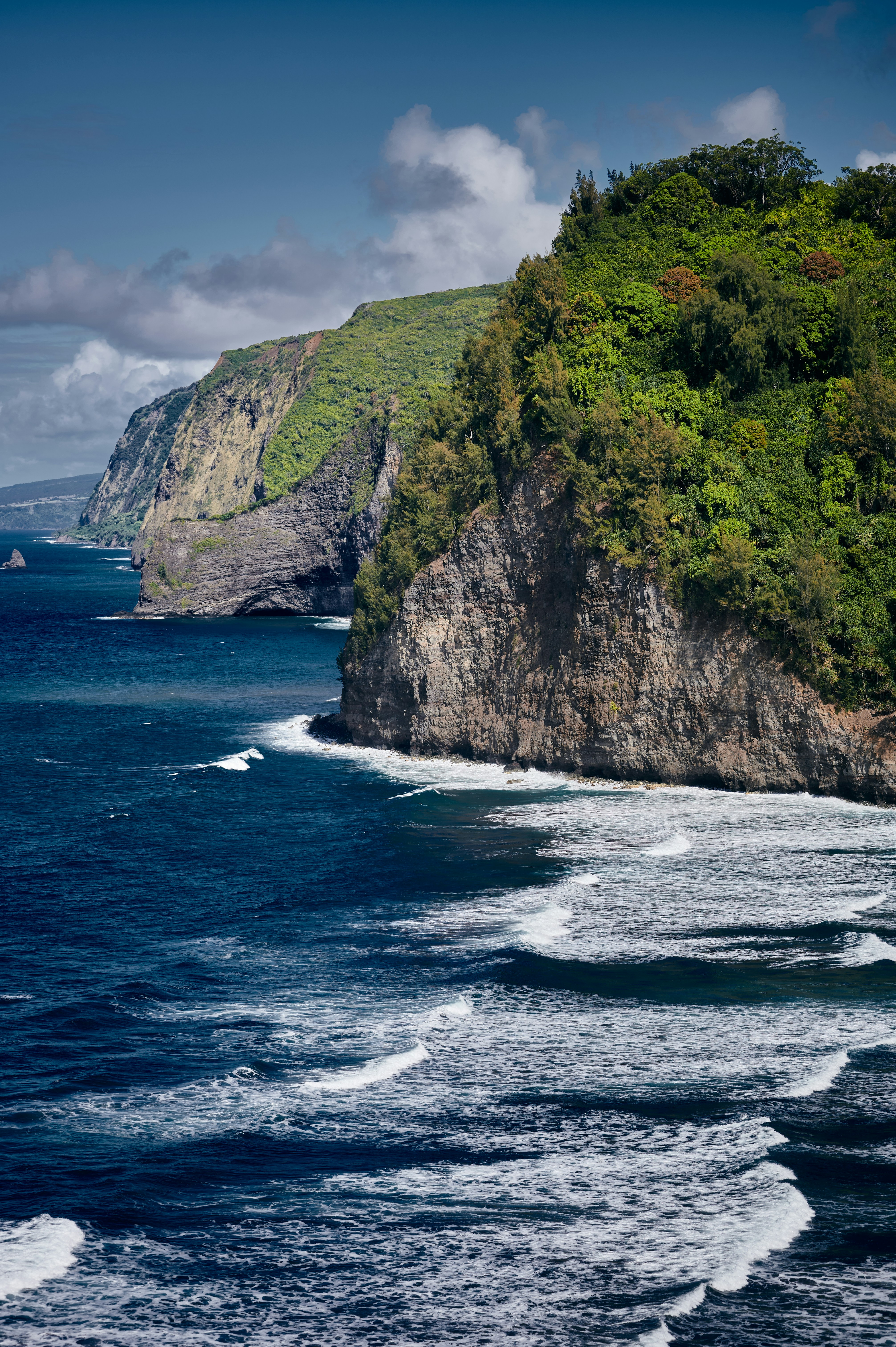 Lush green cliffs rise sharply from the deep blue ocean, with waves crashing against the rocky shoreline. The vibrant landscape showcases the harmony of nature's elements.